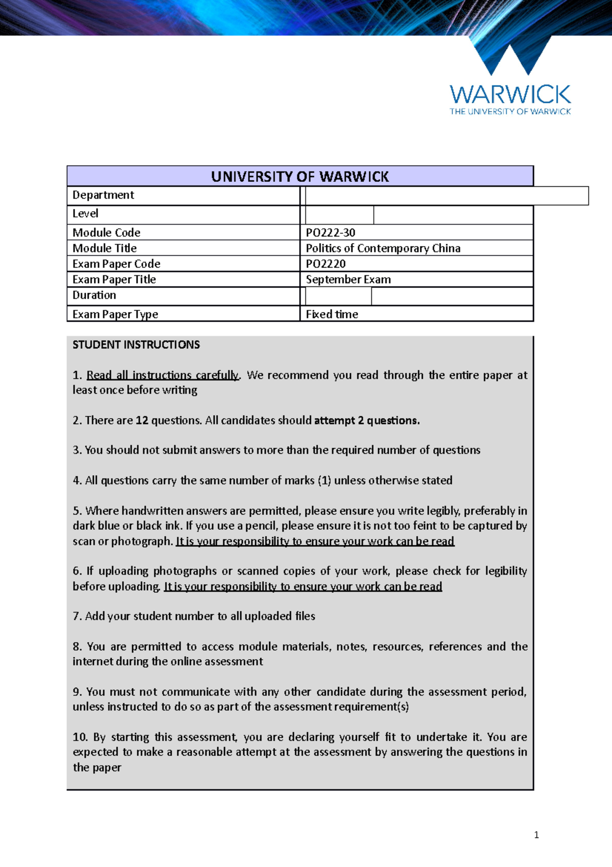 PO222 septemberexam 2122 1 - UNIVERSITY OF WARWICK Department Level ...