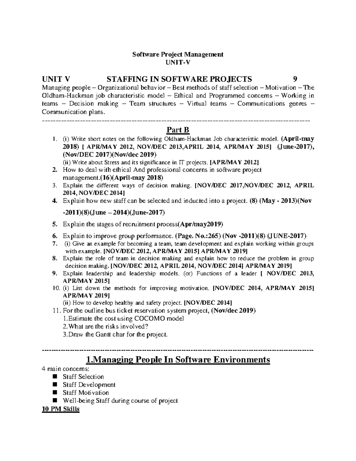Spm Unit5 2019 Pdf Lecture Notes 1 Software Project Management Unit V Unit V Staffing In