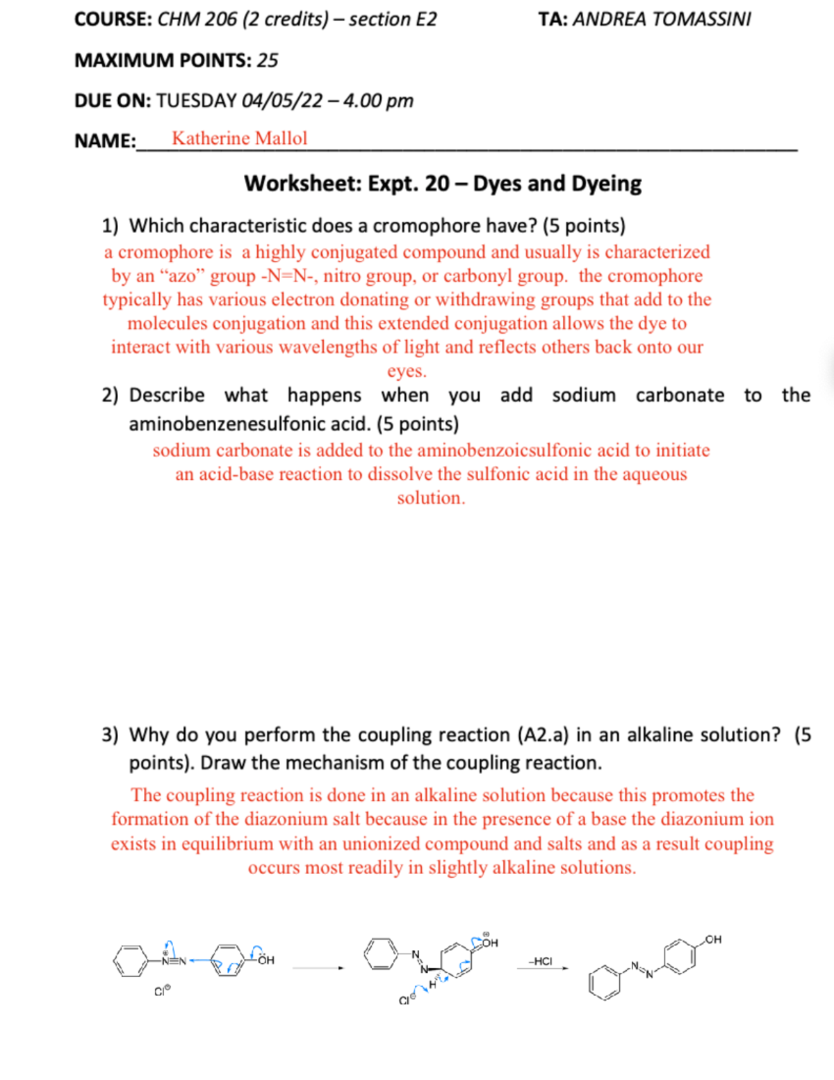 Experiment 20. Worksheet: Azo dyes and dying - CHM 206 - Studocu