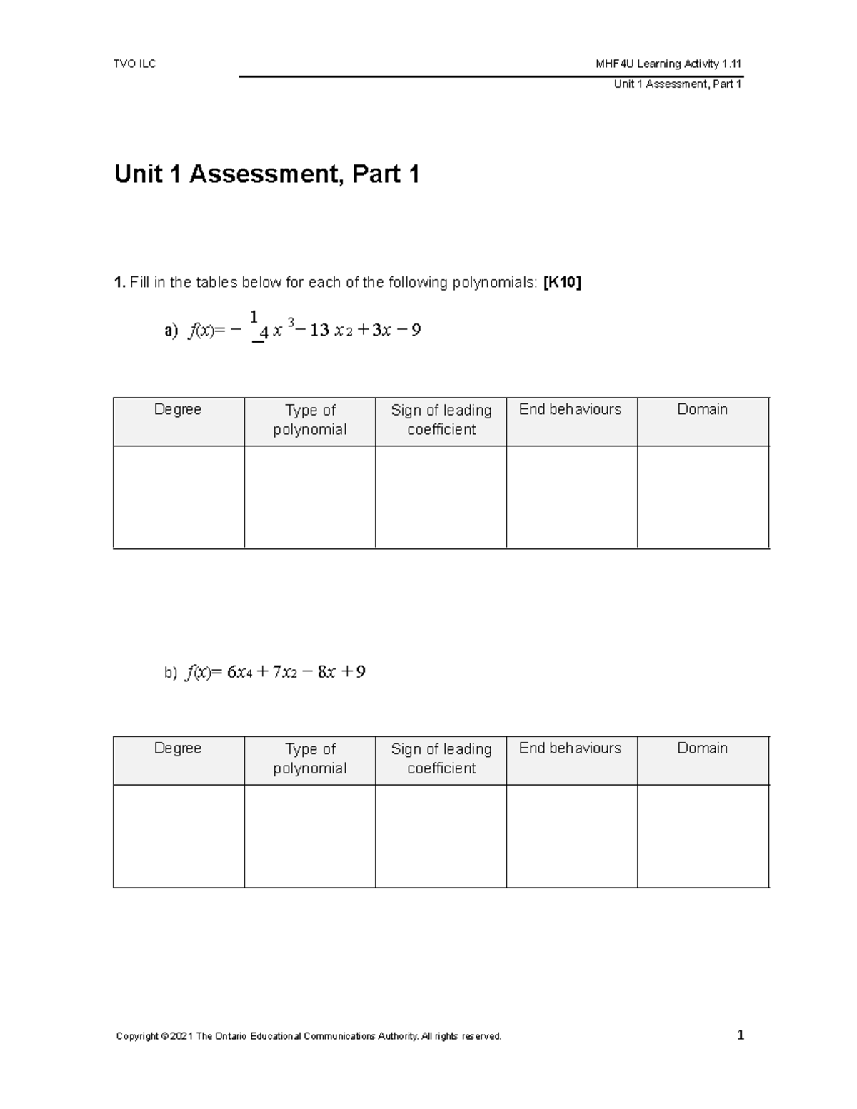 Mhf4u unit1 assessment part1 - Unit 1 Assessment, Part 1 Unit 1 ...