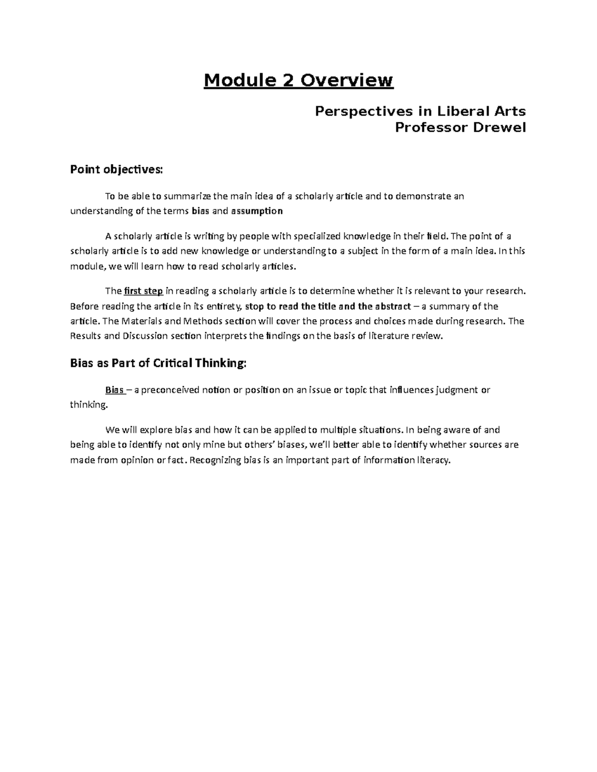 Module 2 Overview - Module 2 Overview Perspectives in Liberal Arts ...