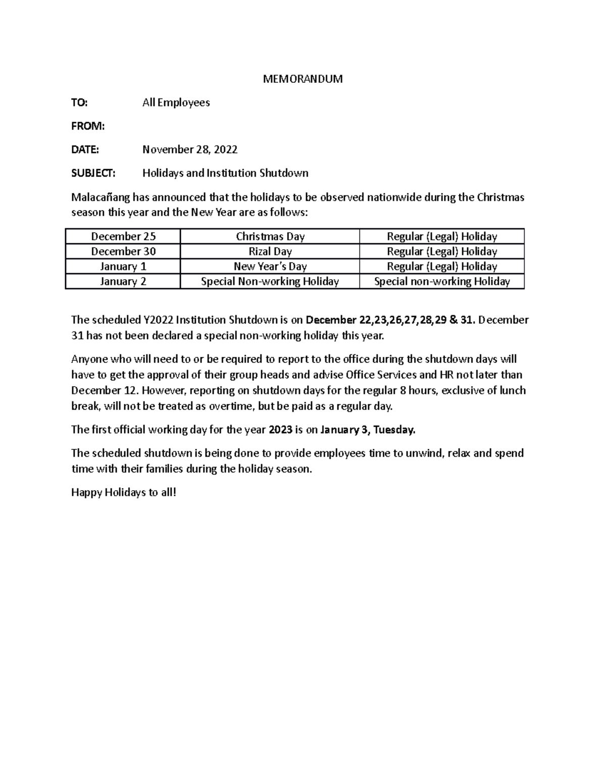Memorandum Example - English Material - MEMORANDUM TO: All Employees ...