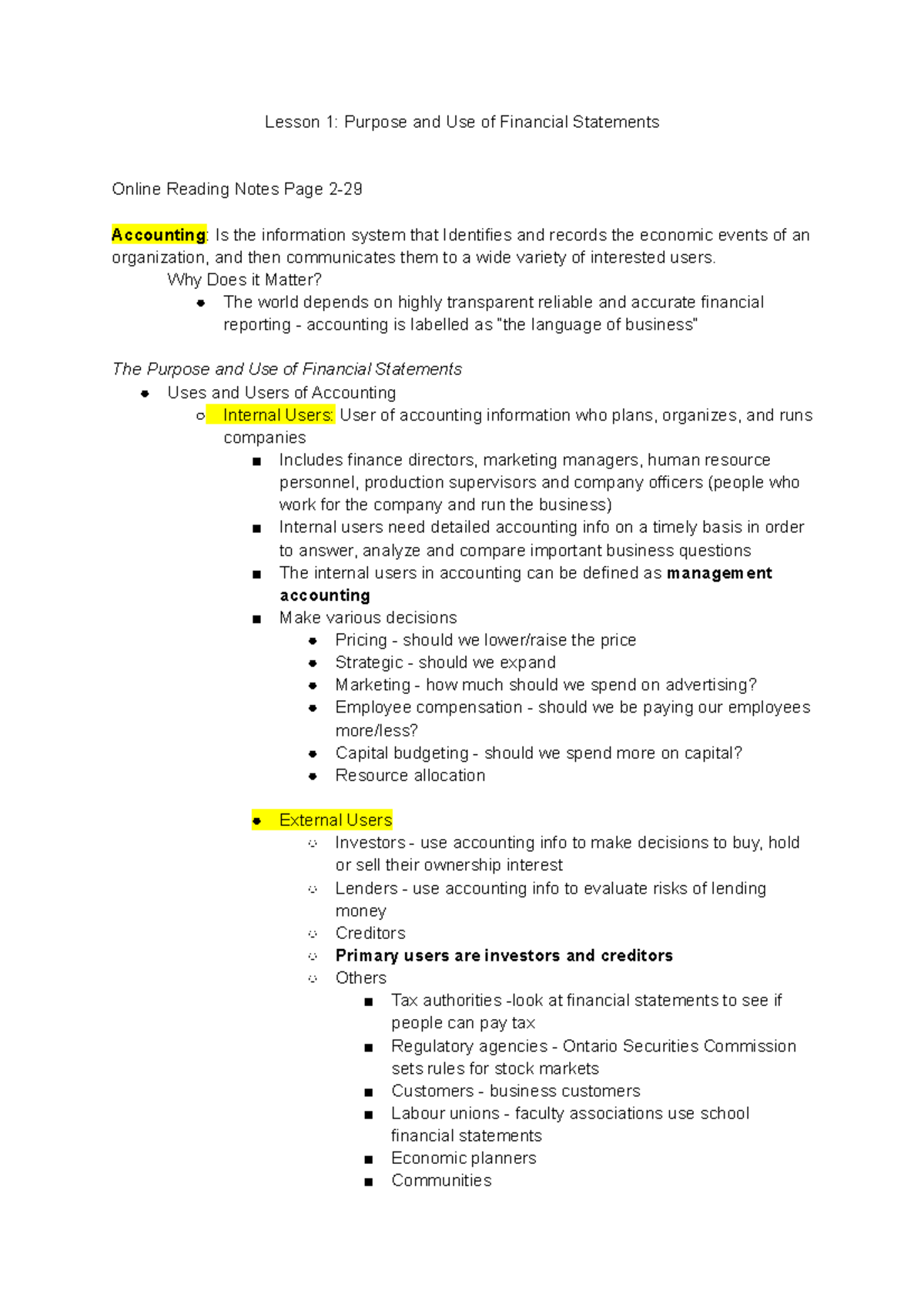 Lesson 1 Purpose and Use of Financial Statements - Lesson 1: Purpose ...