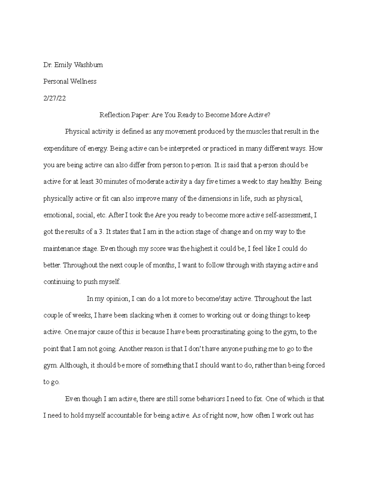 Reflection 2 - Dr. Emily Washburn Personal Wellness 2/27/ Reflection ...