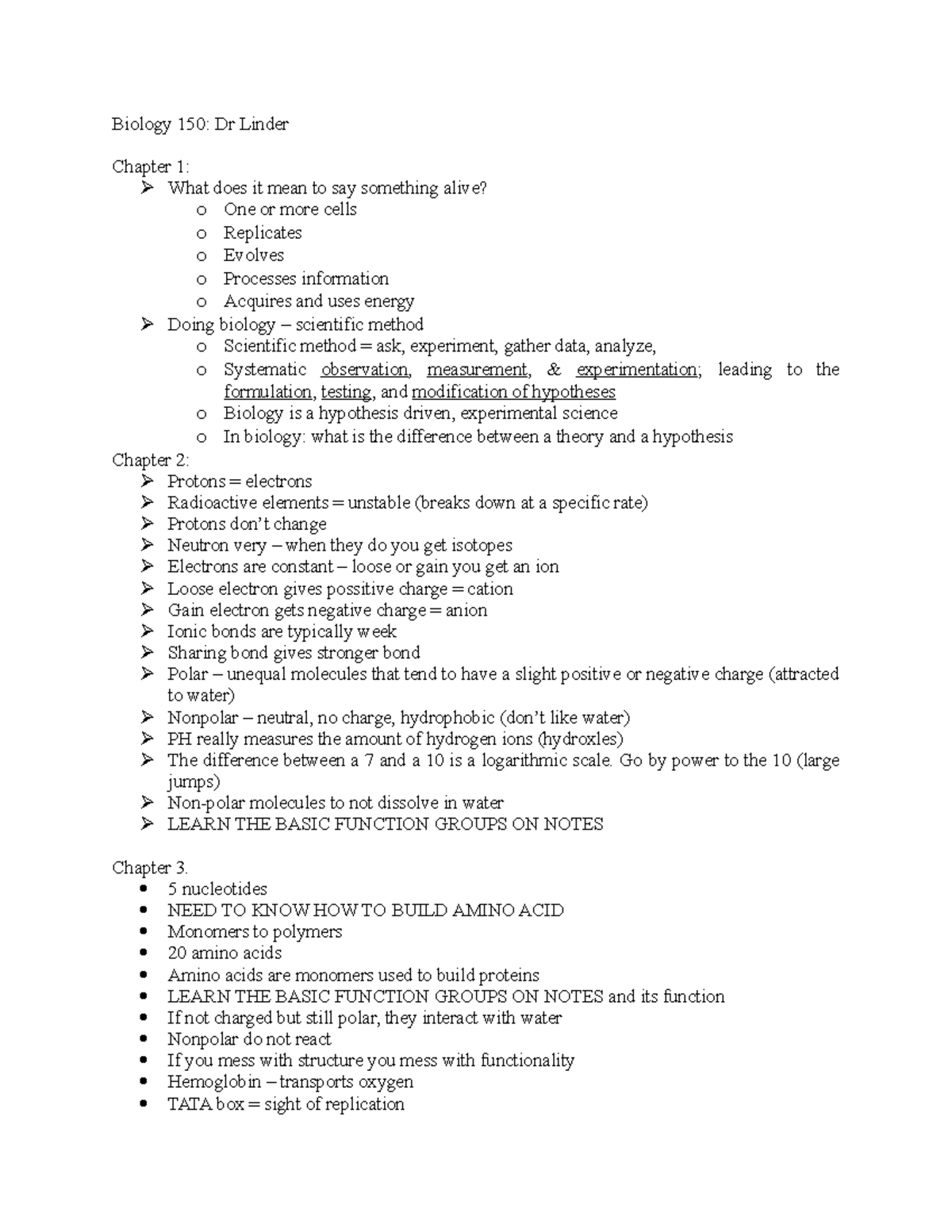 Biology 150 notes - Biology 150: Dr Linder Chapter 1: What does it mean ...