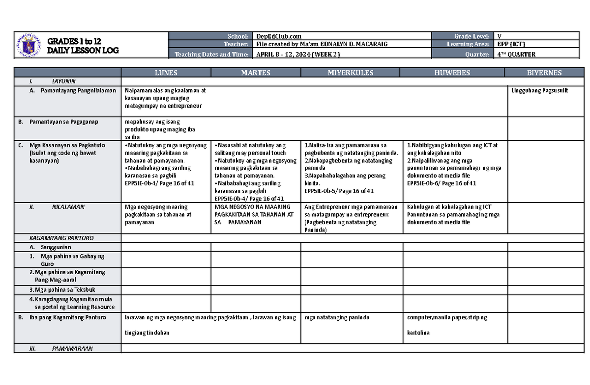 DLL EPP 5 Q4 W2 - GRADES 1 to 12 DAILY LESSON LOG School: DepEdClub ...
