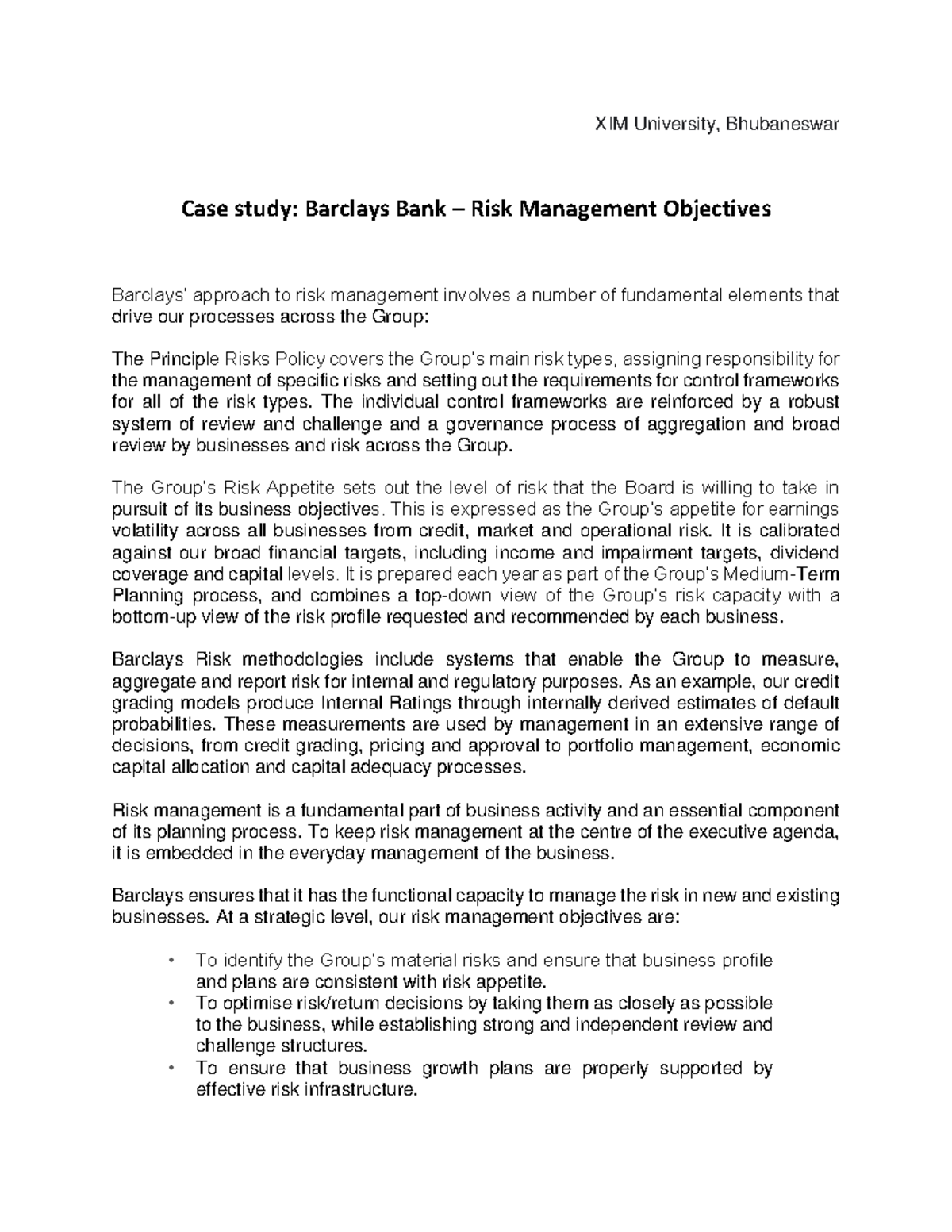 Case study-Barclays Bank – Risk Management Objectives - XIM University ...