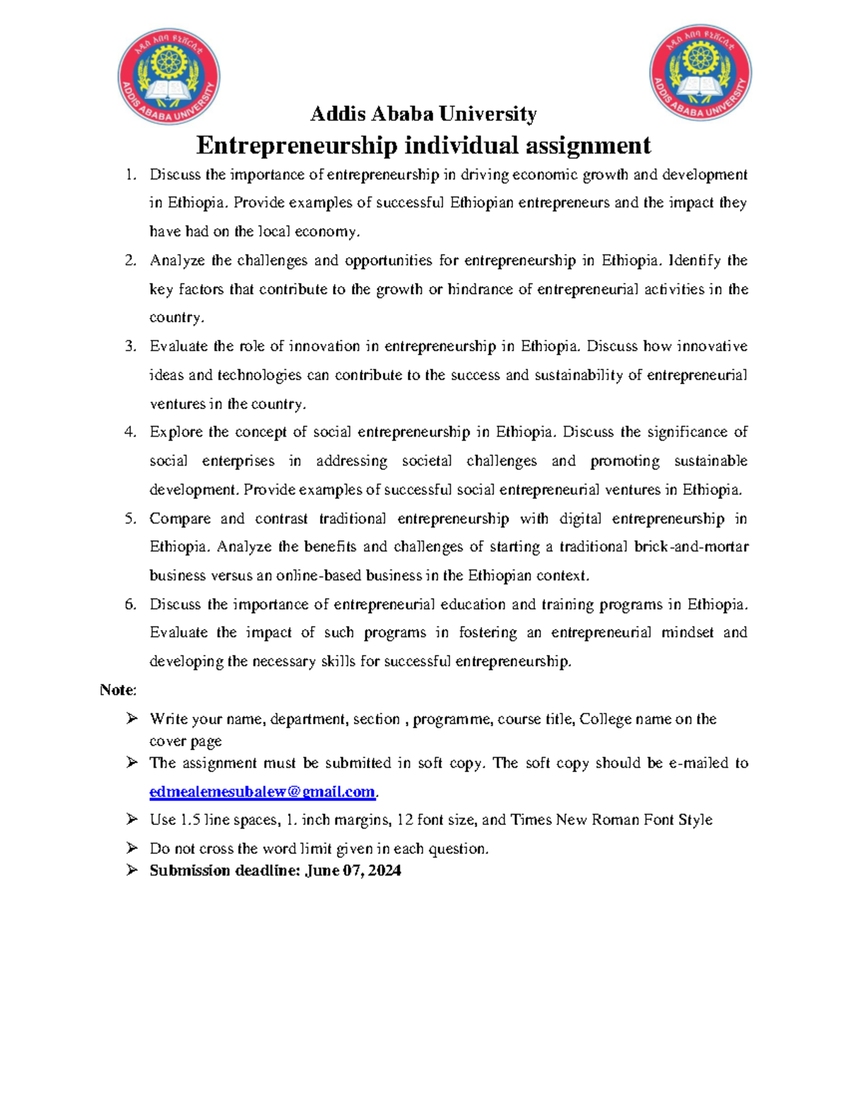 Enter Individual Assignment - Addis Ababa University Entrepreneurship individual assignment ...