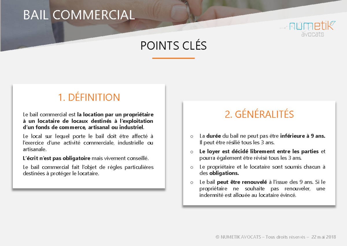 Le bail commercial - POINTS CLÉS 1. DÉFINITION 2. GÉNÉRALITÉS Le bail ...
