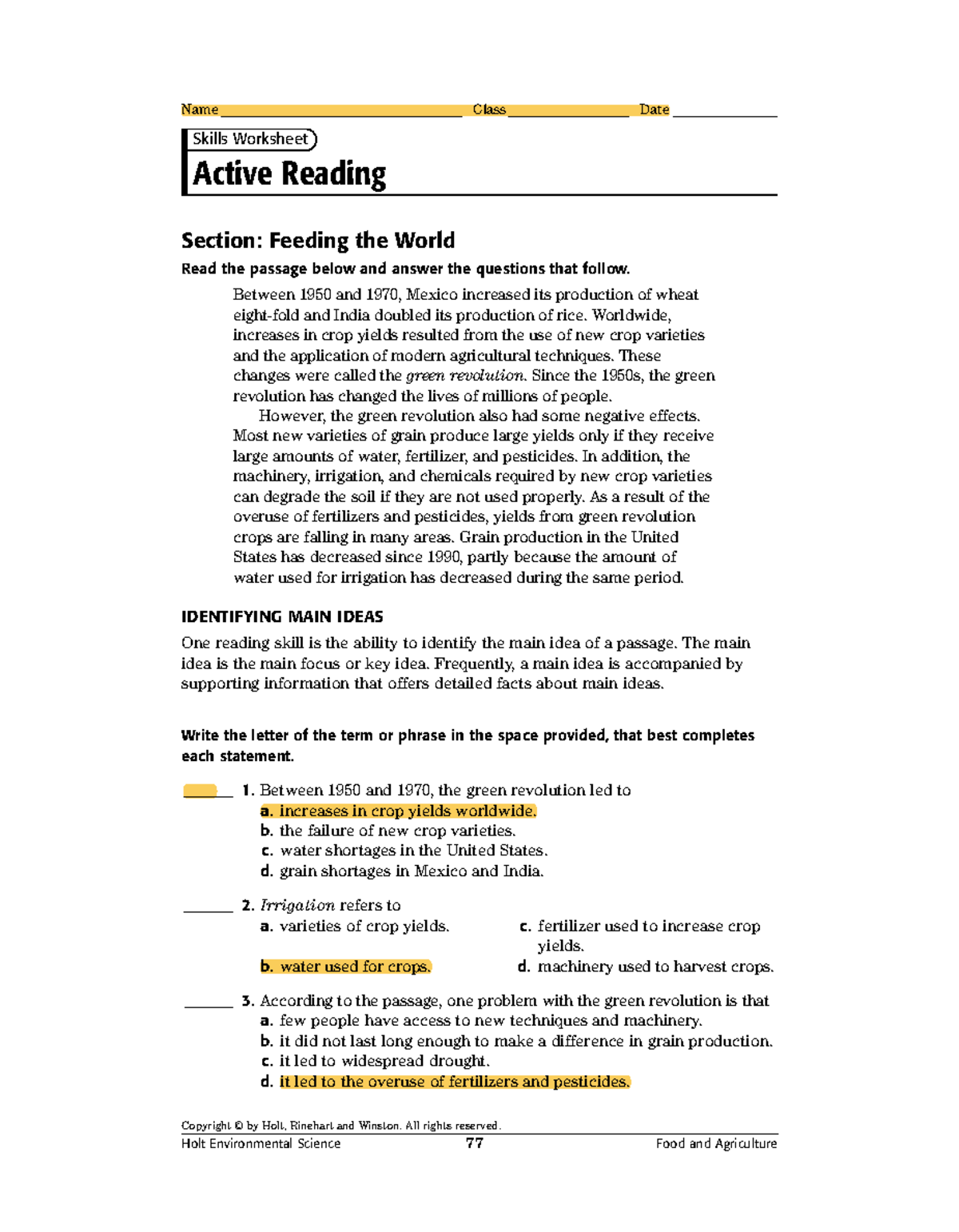 Feeding the World AR - work answer key - Copyright © by Holt, Rinehart ...