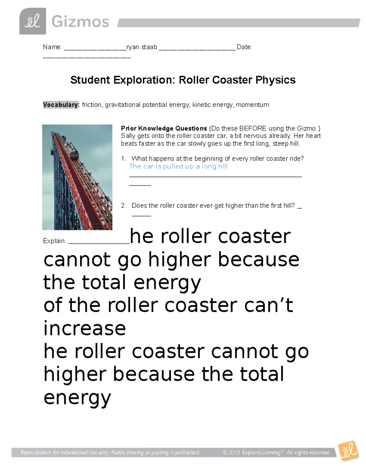Roller Coaster SE - Name: _________________ryan staab ...