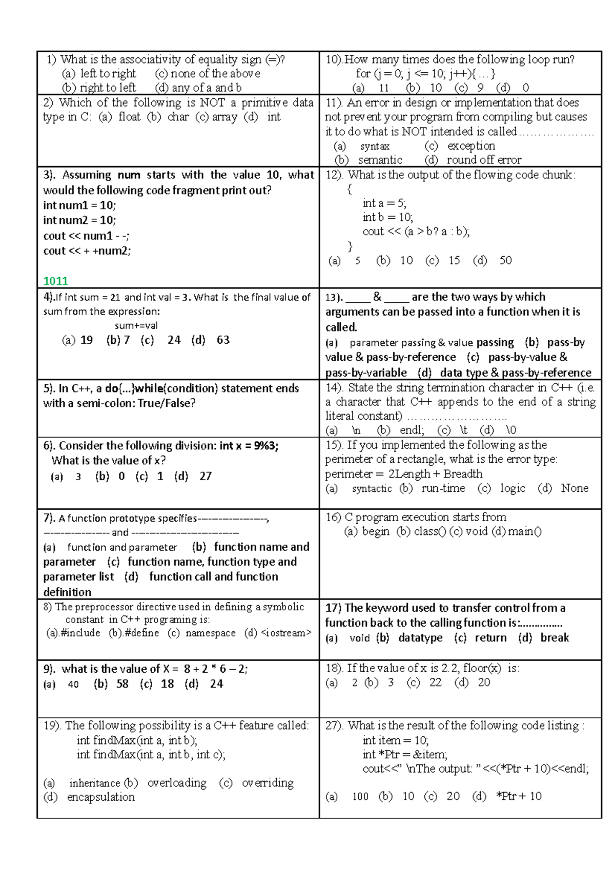 EXAM Final csc201 - What is the associativity of equality sign (=)? (a) left to right (c) none ...