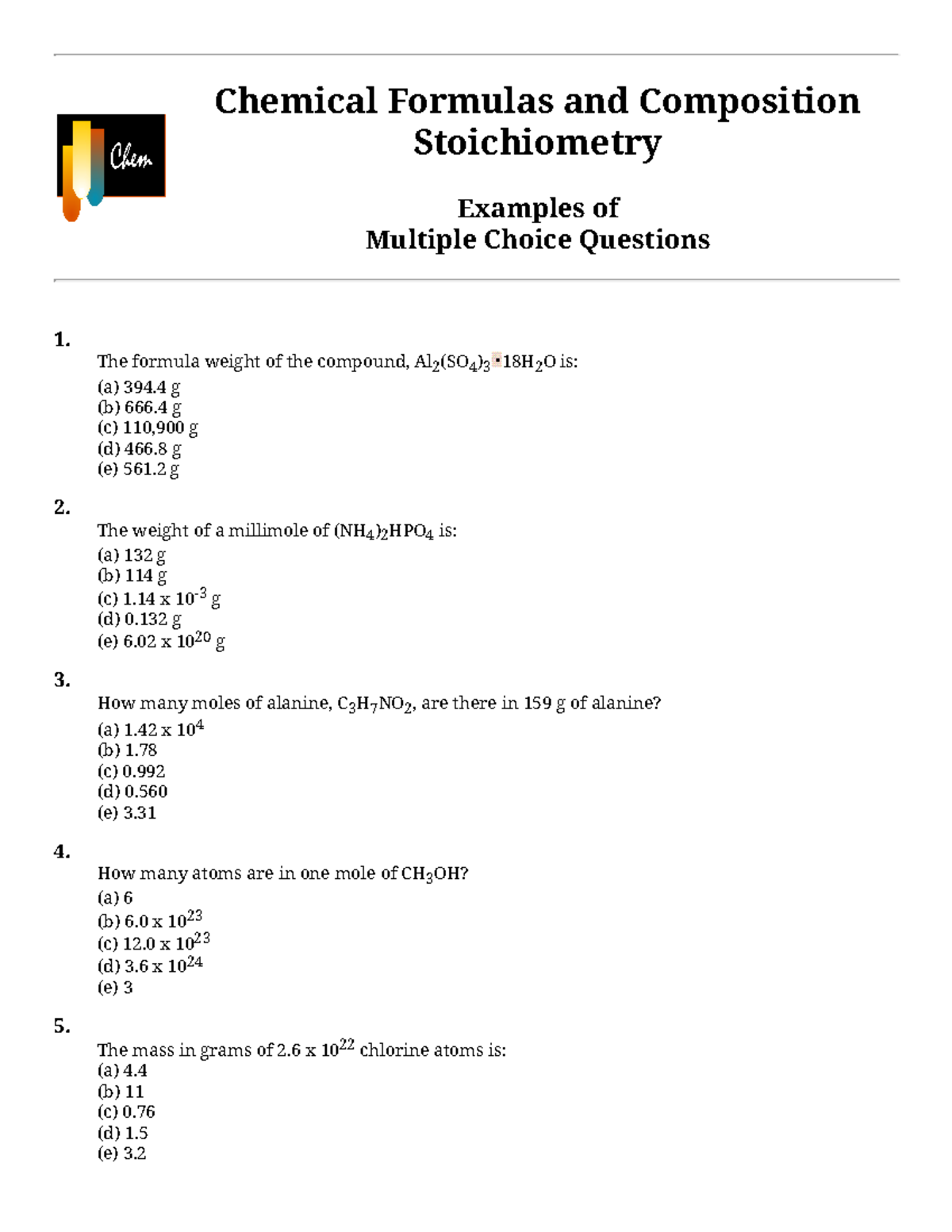 Sample Questions - Chapter 2 - Chemical Formulas and Composition ...