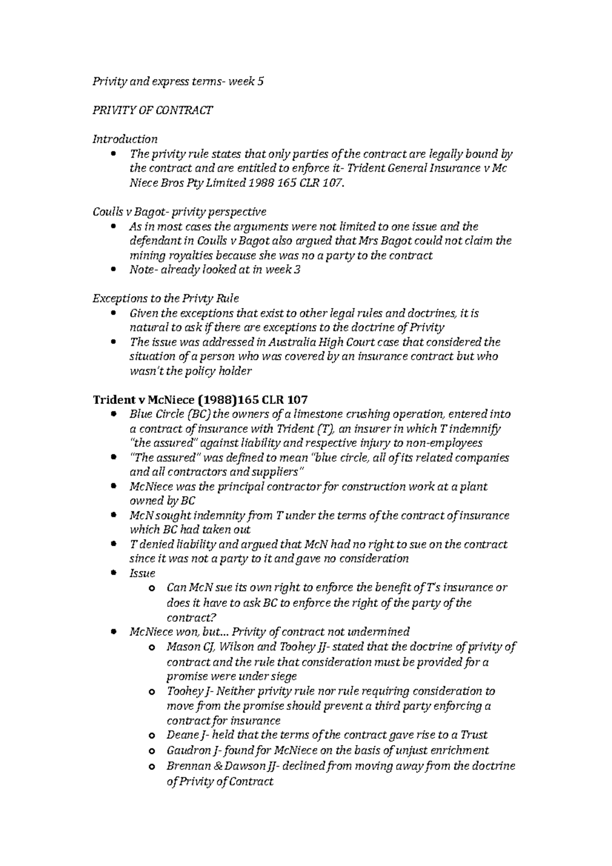Privity and express terms (i) week 5 - Privity and express terms- week ...