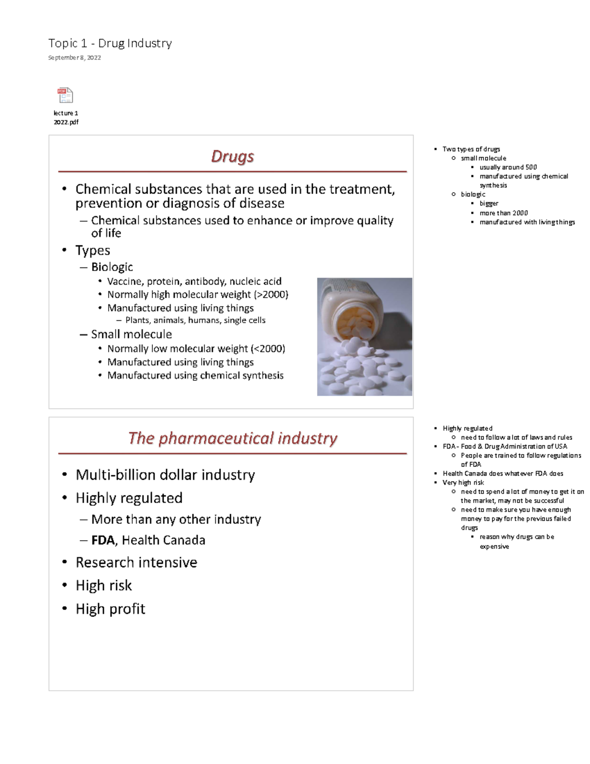 Topic 1 One Note - The Drug Industry Part 1 - lecture 1 2022 Two types ...