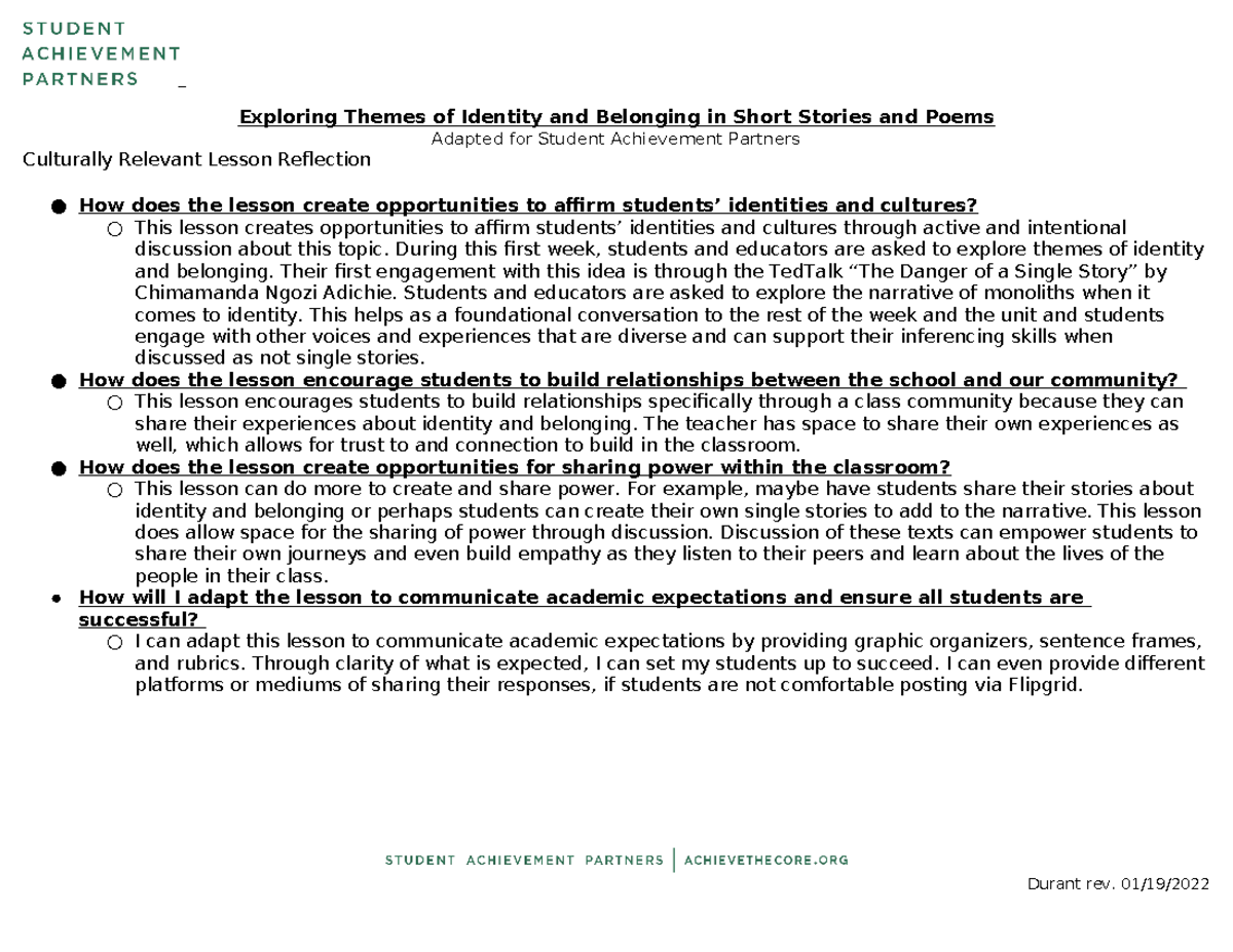 11th grade ELA - Exploring Themes of Identity and Belonging - Exploring ...