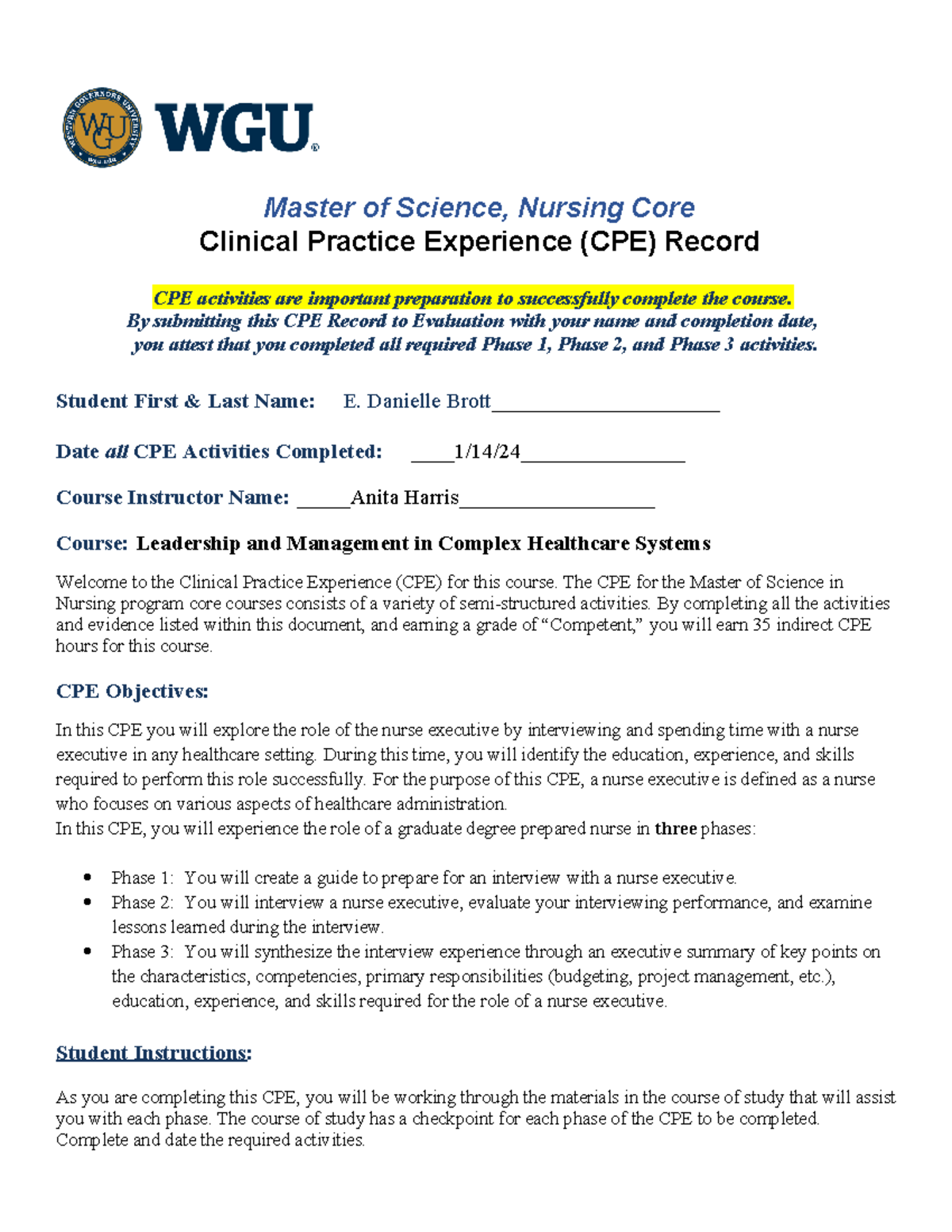 CPE Record 030 - CPE deliverables - Master of Science, Nursing Core ...