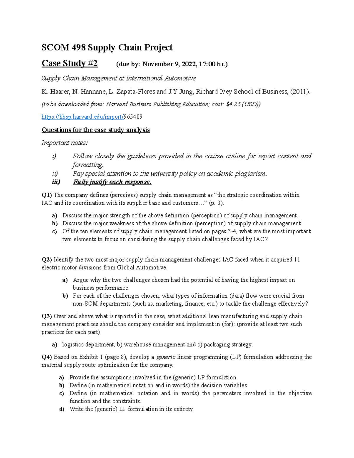 SCOM 498 Case #2 (Fall 2022) - SCOM 498 Supply Chain Project Case Study ...