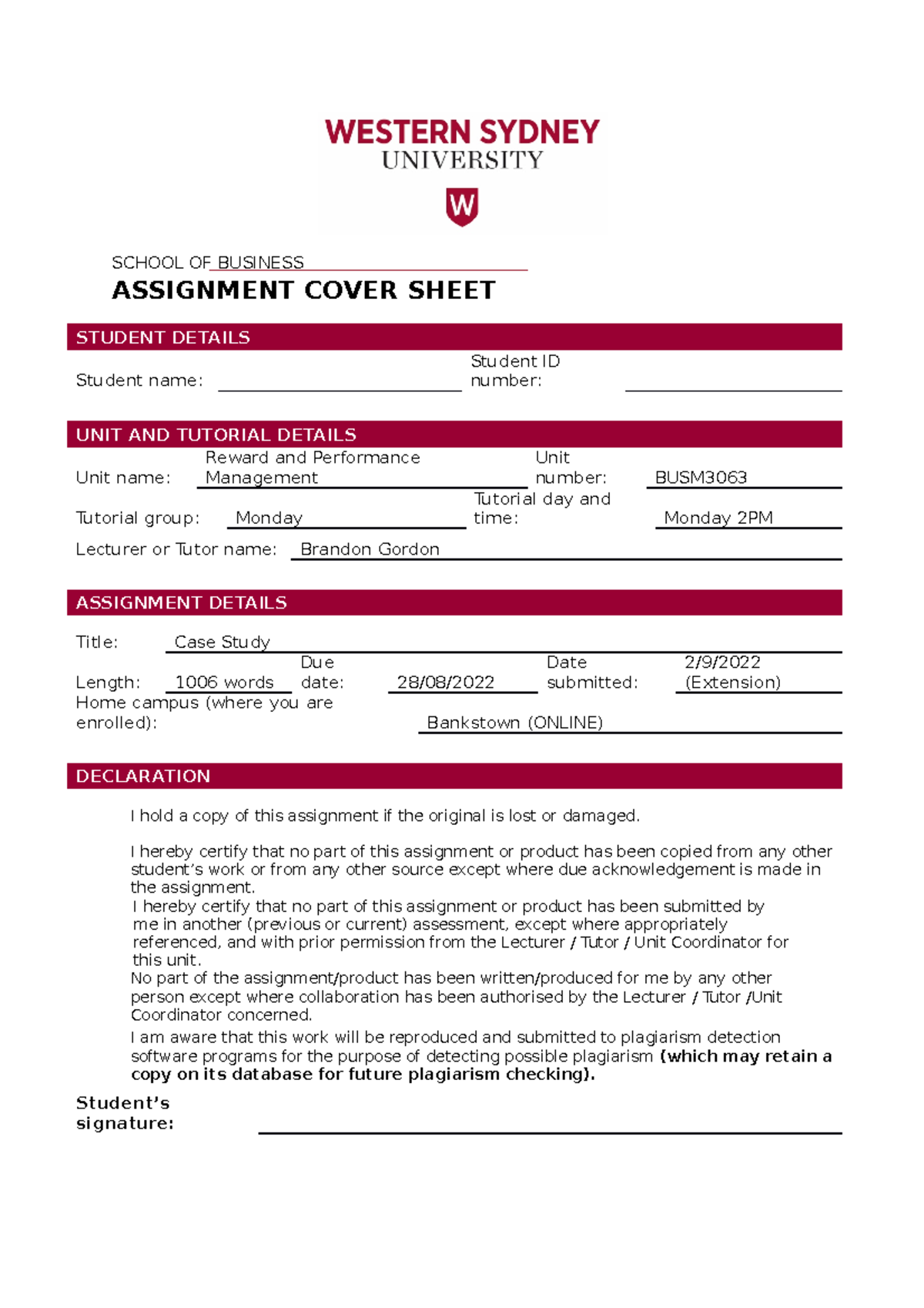 RPM Case Study - RPM - SCHOOL OF BUSINESS ASSIGNMENT COVER SHEET ...