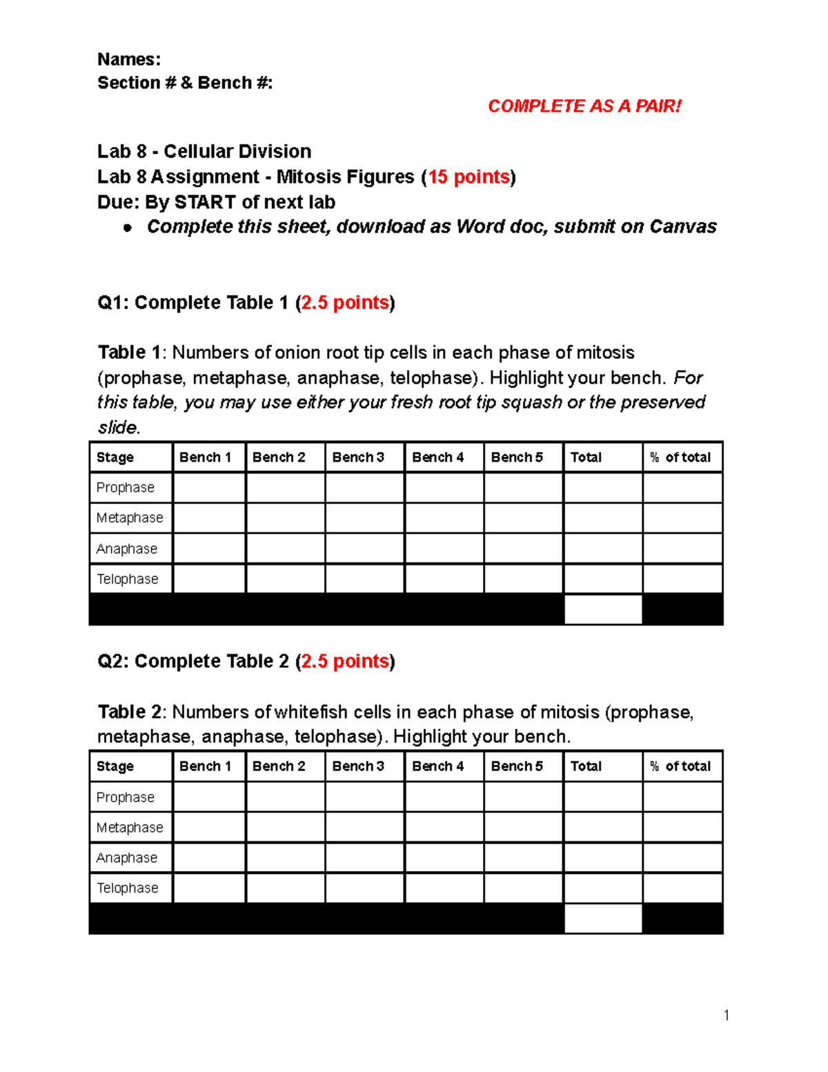 Lab 8 Assignment - Mitosis Figures - Highlight your bench. For this table, you may use either ...