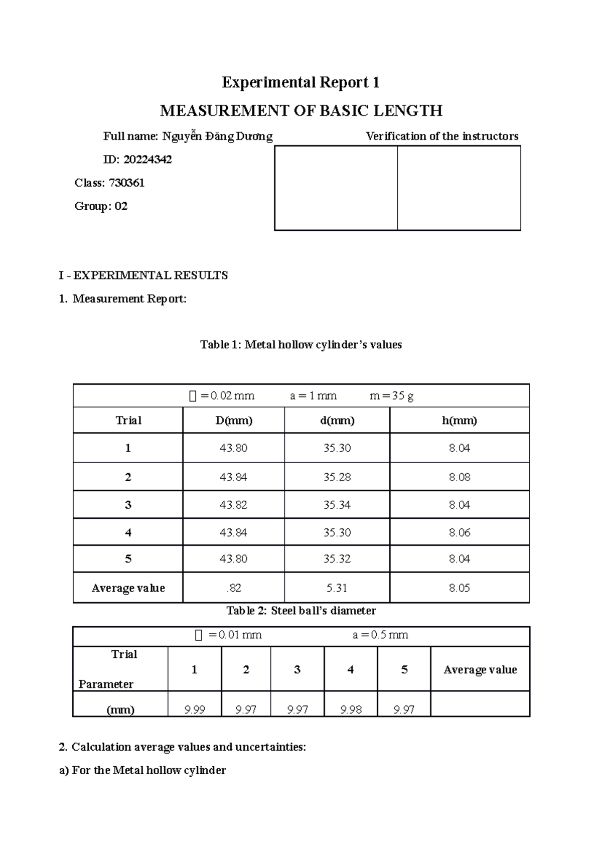 LAB Report 1 NDD 17 06 2023 - Experimental Report 1 MEASUREMENT OF BASIC LENGTH Full name ...