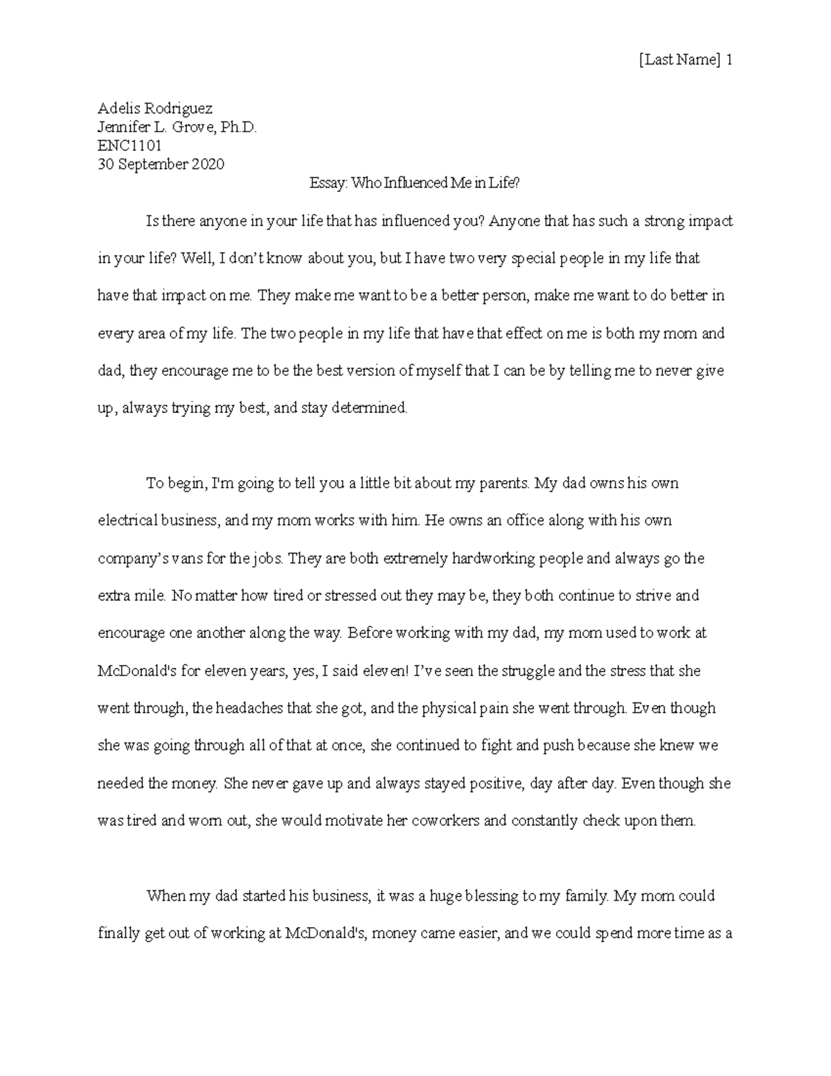 Who Influenced Me in Life-1 - [Last Name] 1 Adelis Rodriguez Jennifer L ...