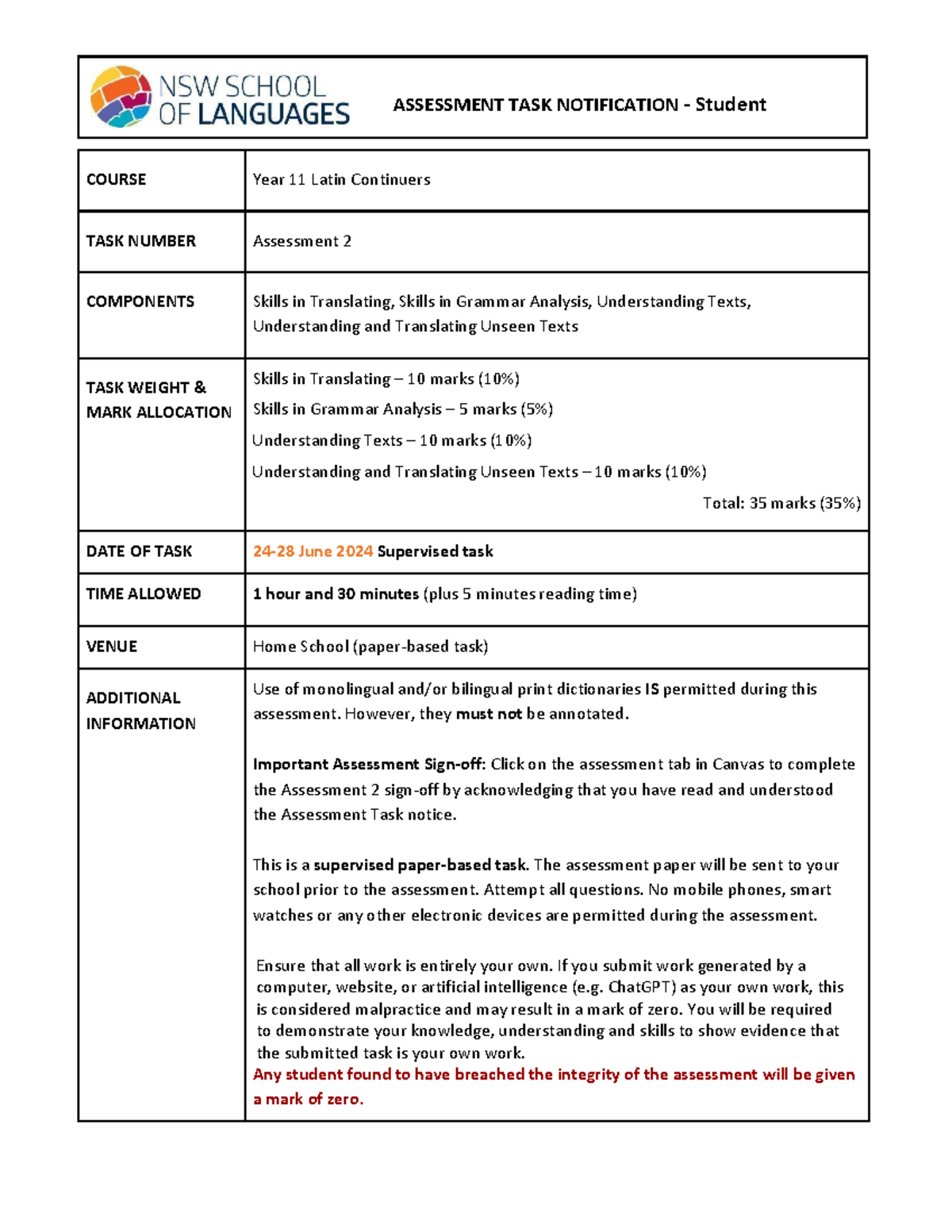 Year 11 Latin Continuers - A2 Notice - 2024 - Student - ASSESSMENT TASK ...