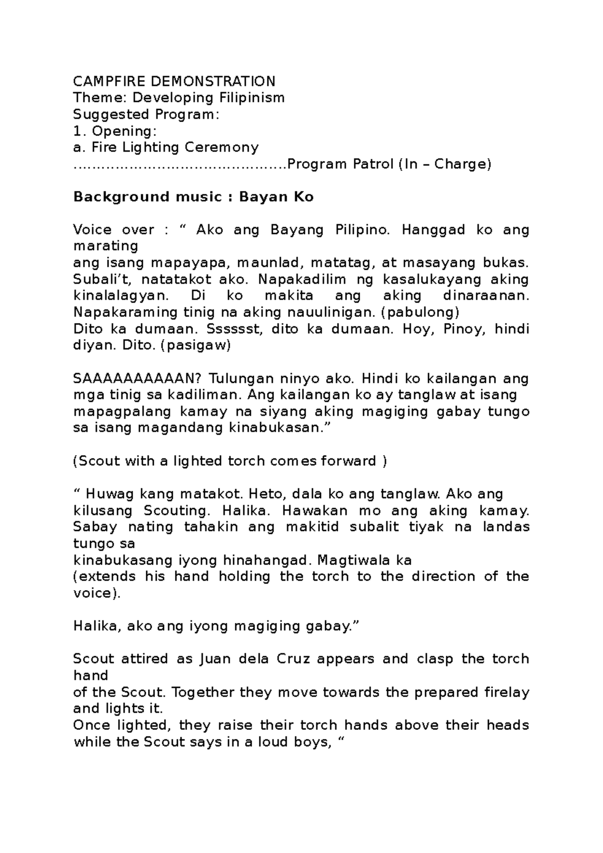Campfire- Demonstration - CAMPFIRE DEMONSTRATION Theme: Developing Filipinism Suggested Program ...