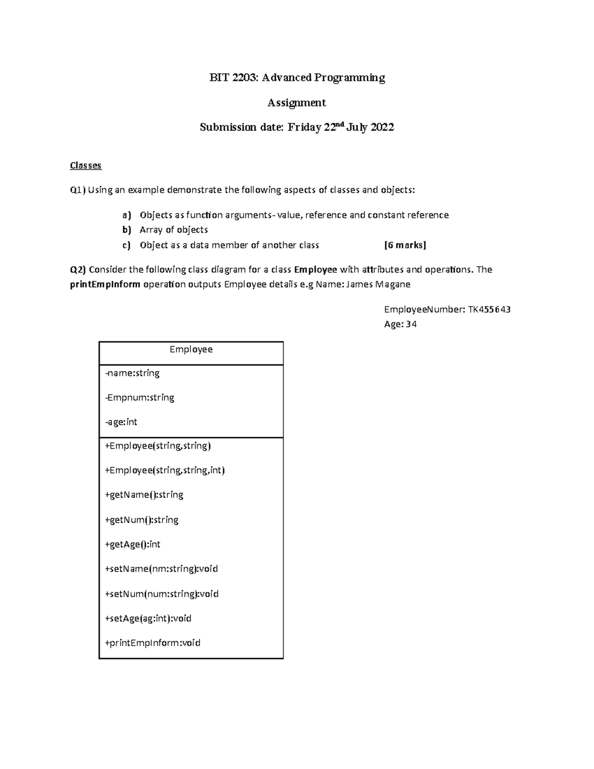 BIT 2203 assignment - BIT 2203: Advanced Programming Assignment Submission date: Friday 22nd ...