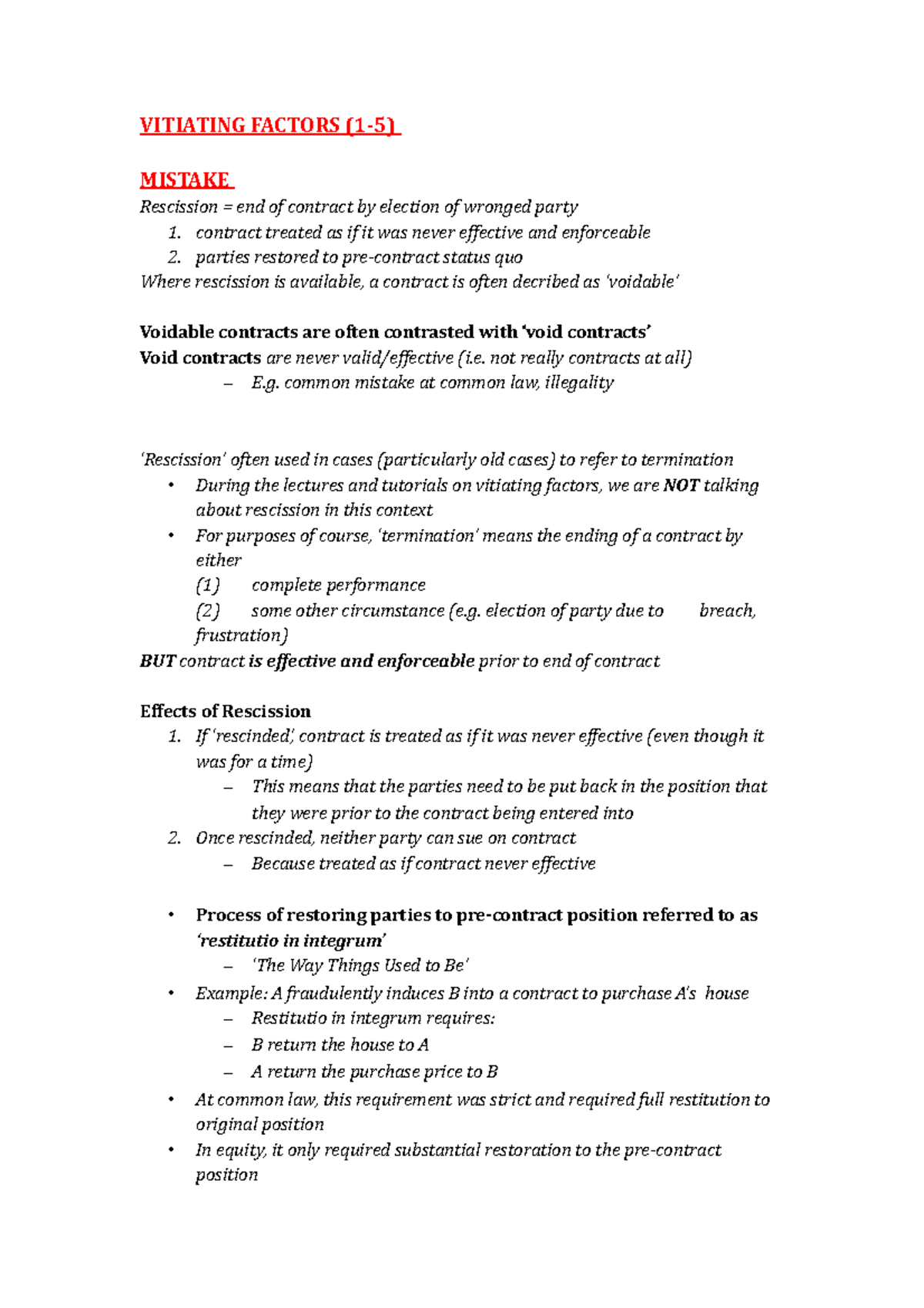 Contracts B Notes Week 1 5 VITIATING FACTORS 1 5 MISTAKE Rescission