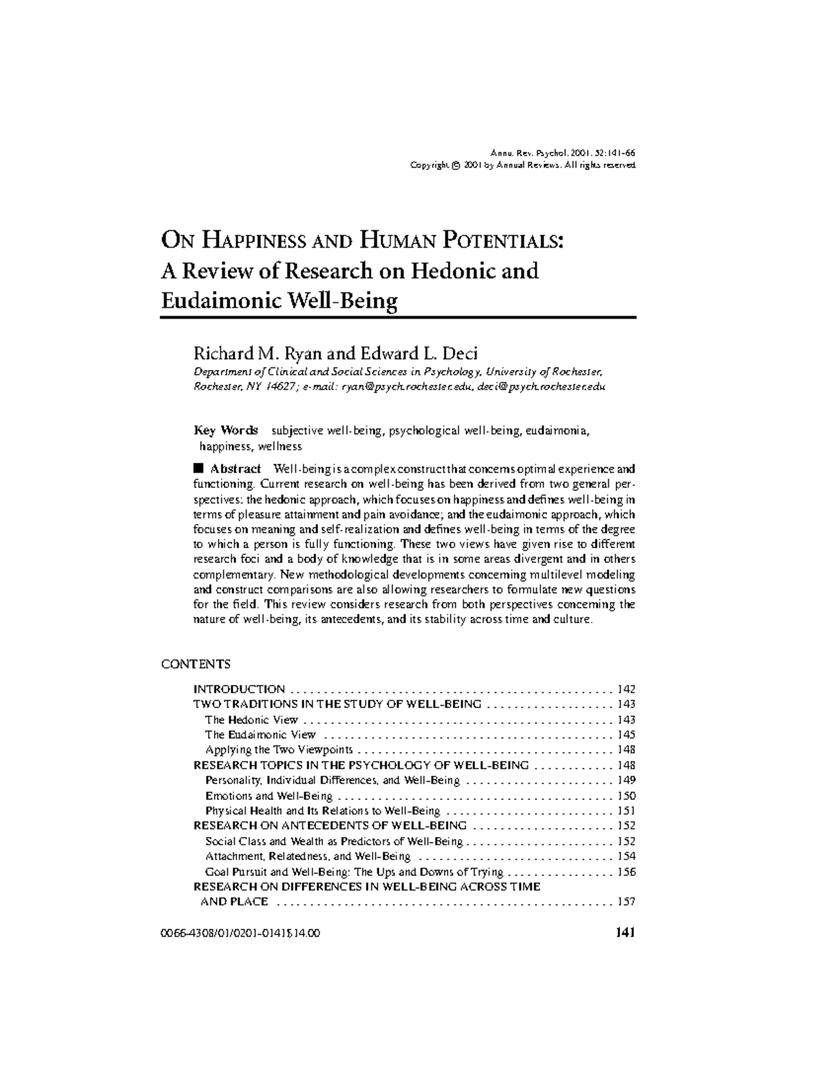 Happiness LR (2) - general notes material - Annu. Rev. Psychol. 2001 ...