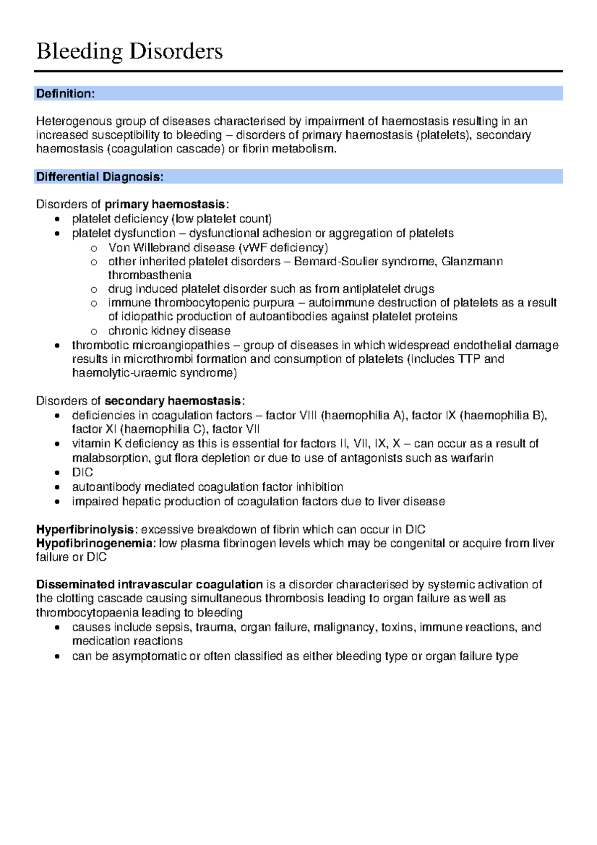 Bleeding Disorders - Key pathology summary - Bleeding Disorders ...