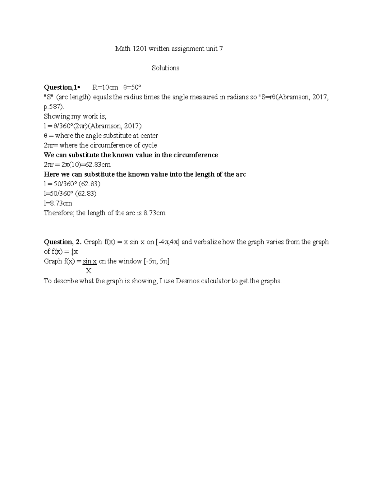 Math 1201 Written Assignment Unit 7 Math 1201 Written Assignment Unit