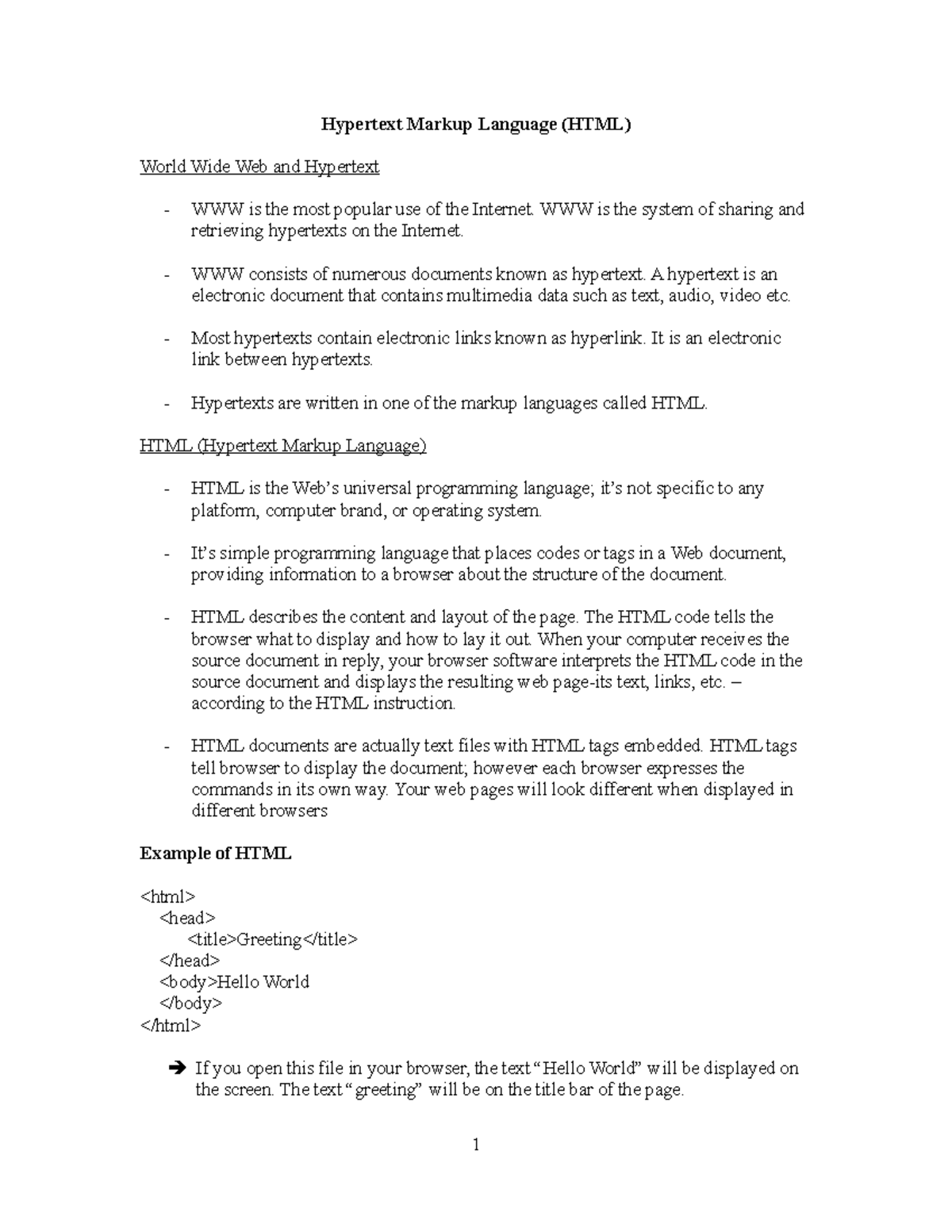 Introduction to HTML - Hypertext Markup Language (HTML) World Wide Web ...