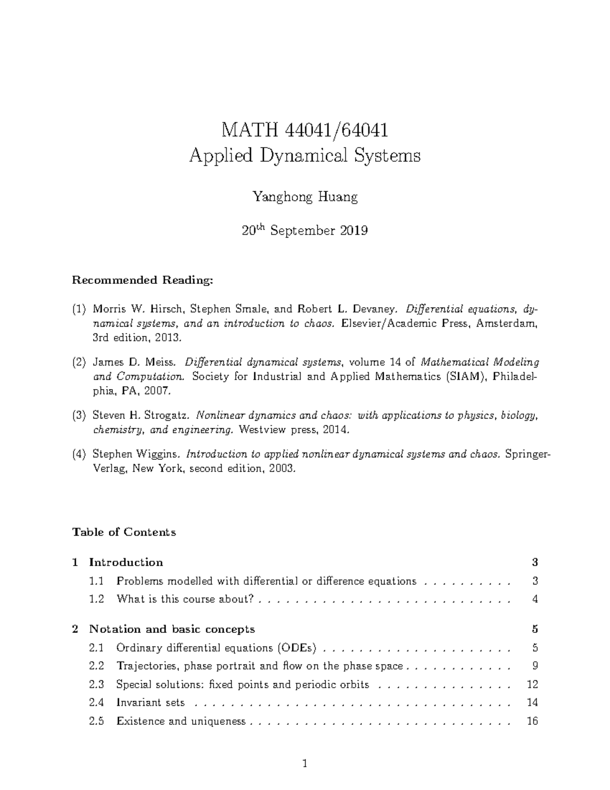 Part1 - MATH 44041/ Applied Dynamical Systems Yanghong Huang 20 th ...