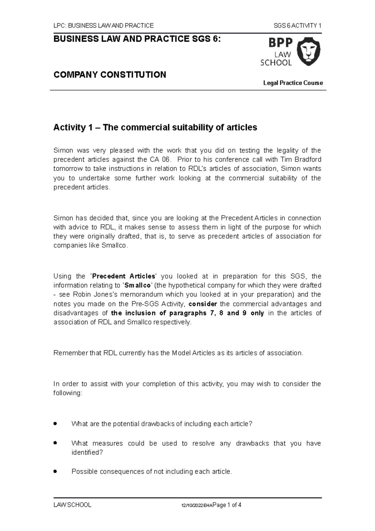 SGS 6 Activity 1 - DSDDS - BUSINESS LAW AND PRACTICE SGS 6: COMPANY ...