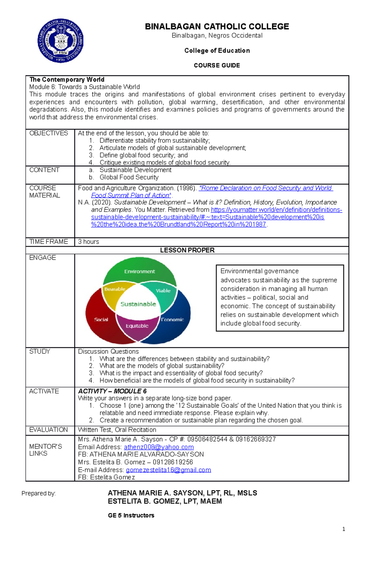 Module 6 Contemporary World Edited 2 - BINALBAGAN CATHOLIC COLLEGE ...