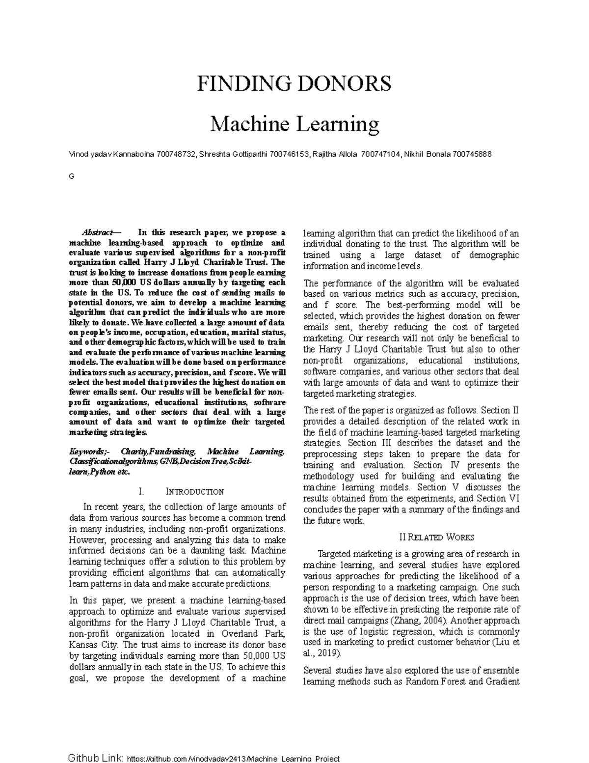 Funding raising outreach - FINDING DONORS Machine Learning Vinod yadav Kannaboina 700748732 ...