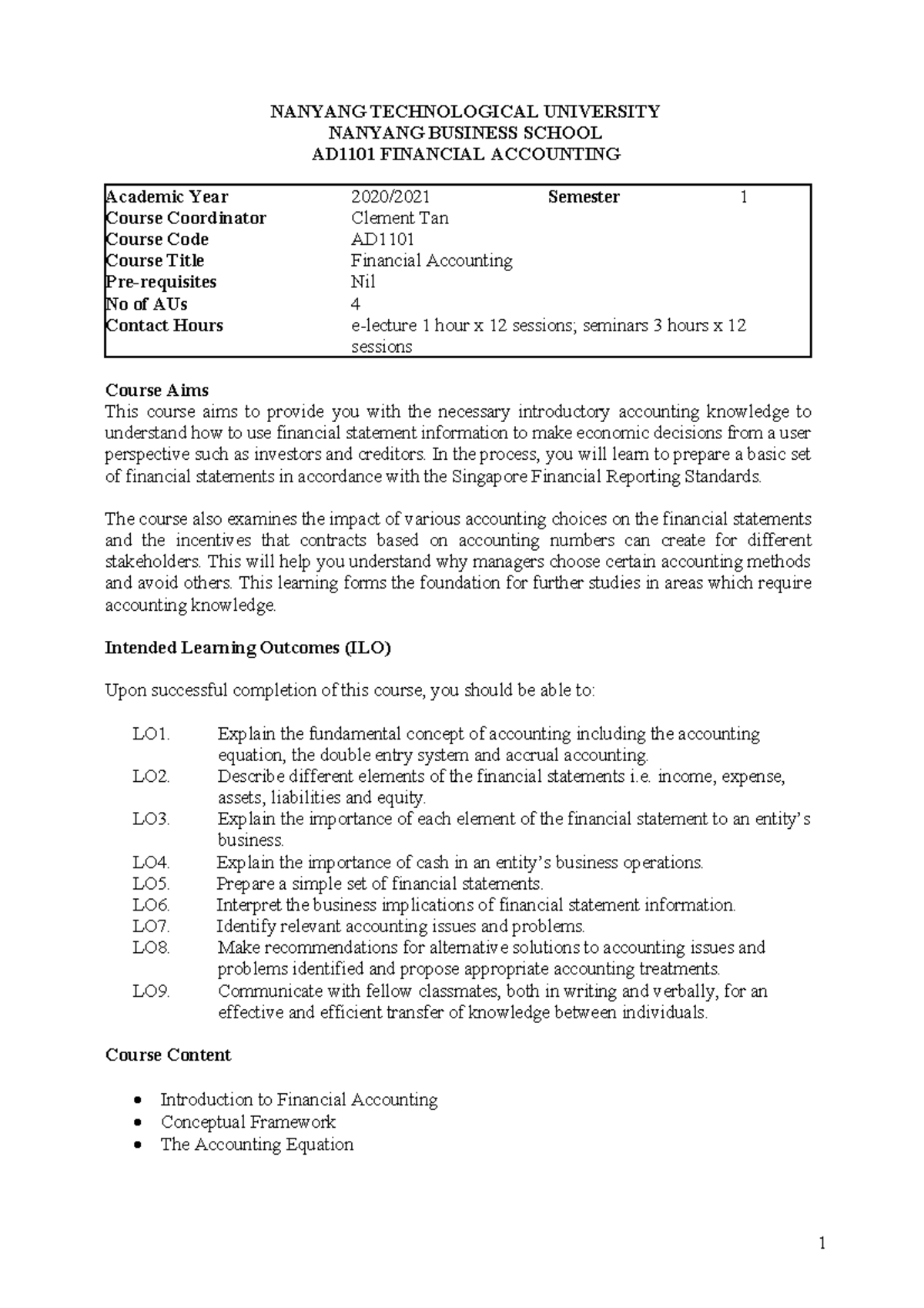 AD1101 Course Outline Sem 1 of AY 2020 21 - Warning: TT: undefined function: 32 NANYANG - Studocu