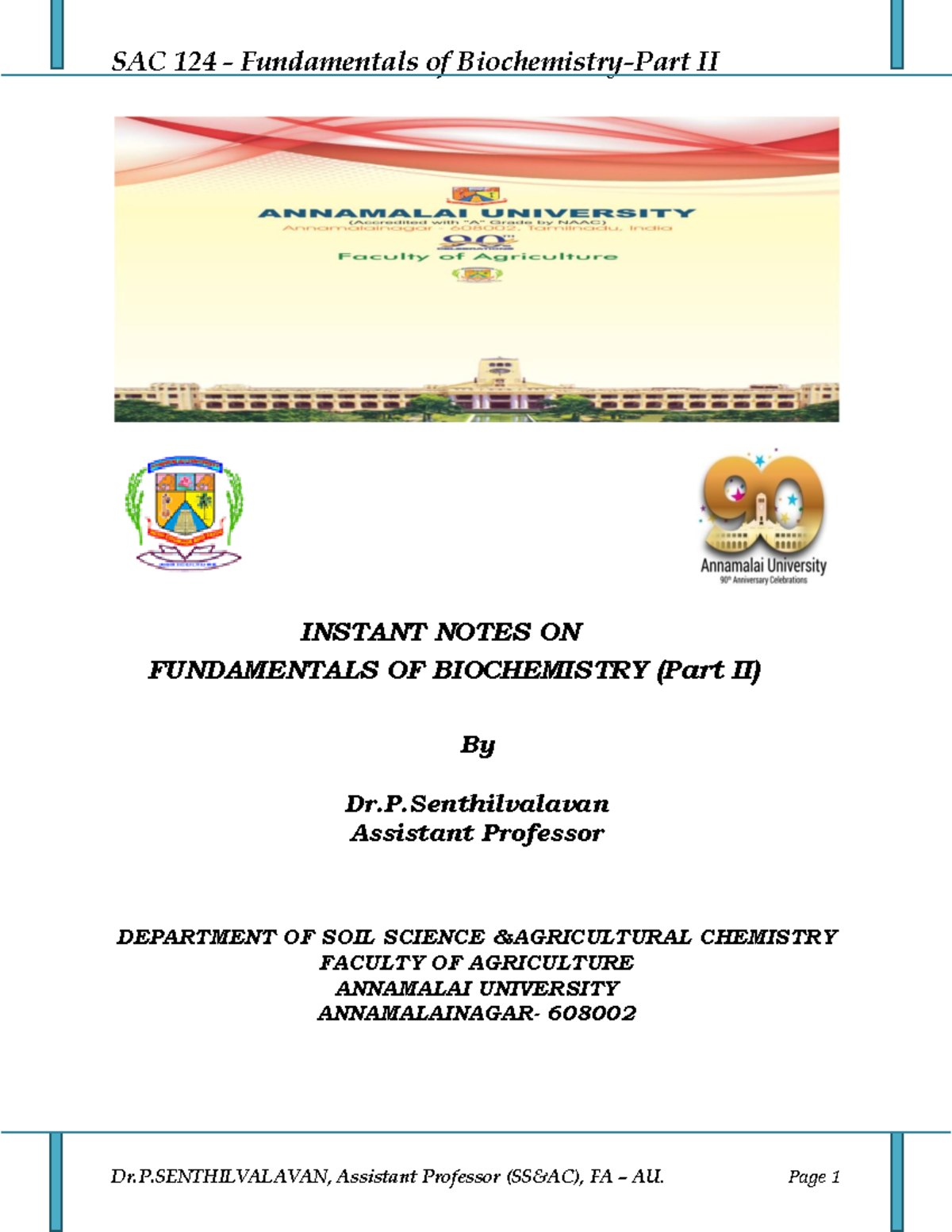 SAC 124 Fundamentals of Biochemistry Part II No Copy - INSTANT NOTES ON ...