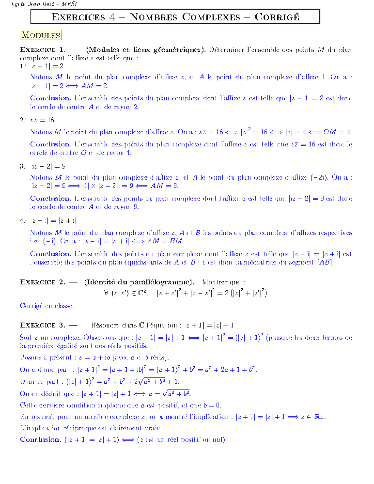 CORR Exos 04 Complexes - NOMBRE COMPLEXE - Lycée Jean Bart MPSI ...