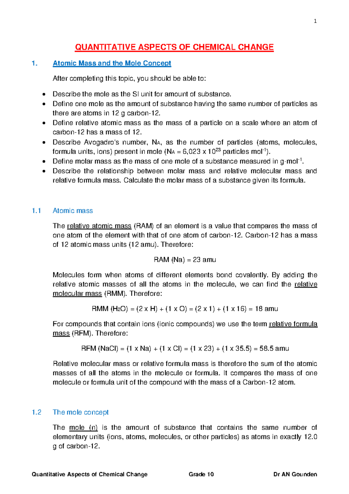 Quantitative Aspects OF Chemical Change-GR 10 - QUANTITATIVE ASPECTS OF ...