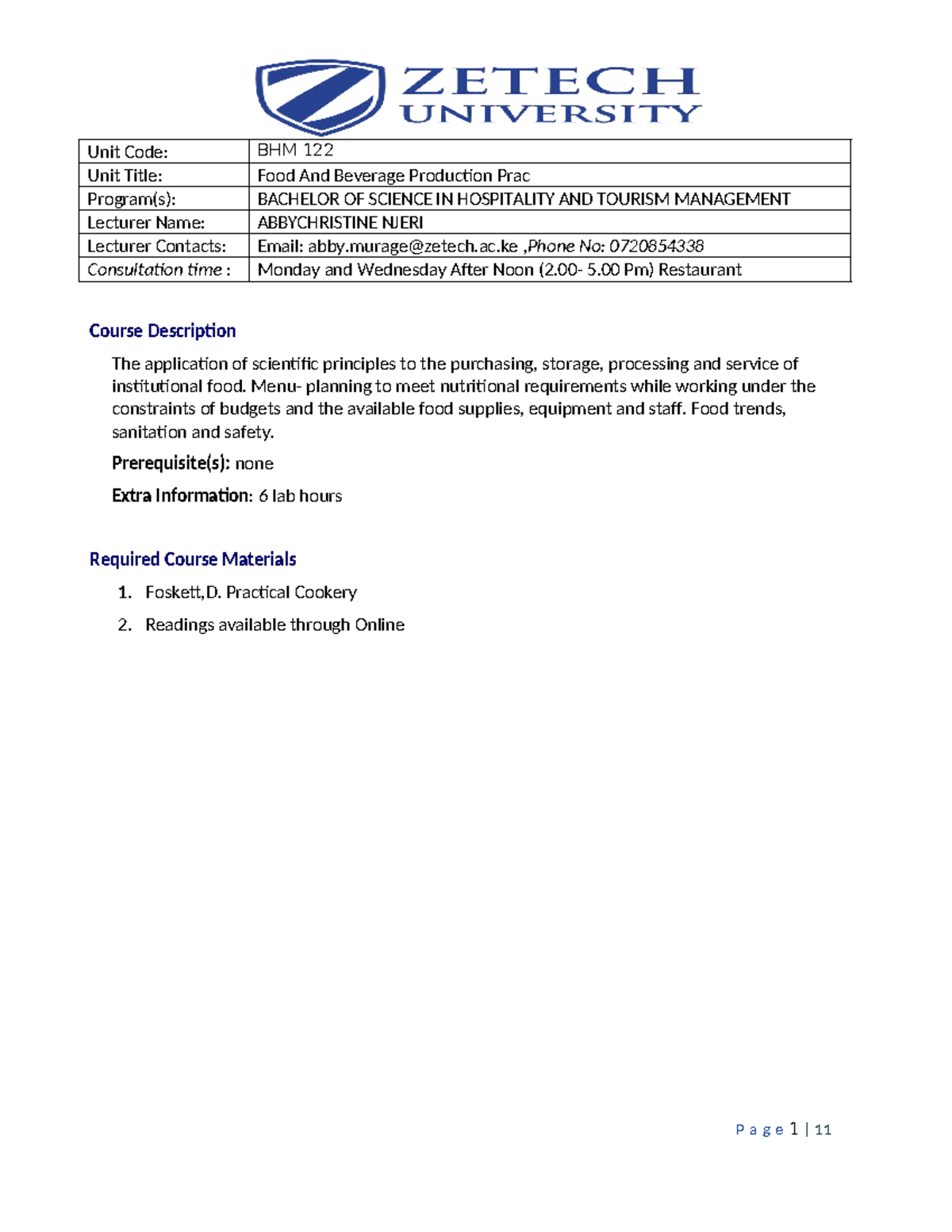 BHM 122 Production practice course outline - Unit Code: BHM 1 22 Unit ...