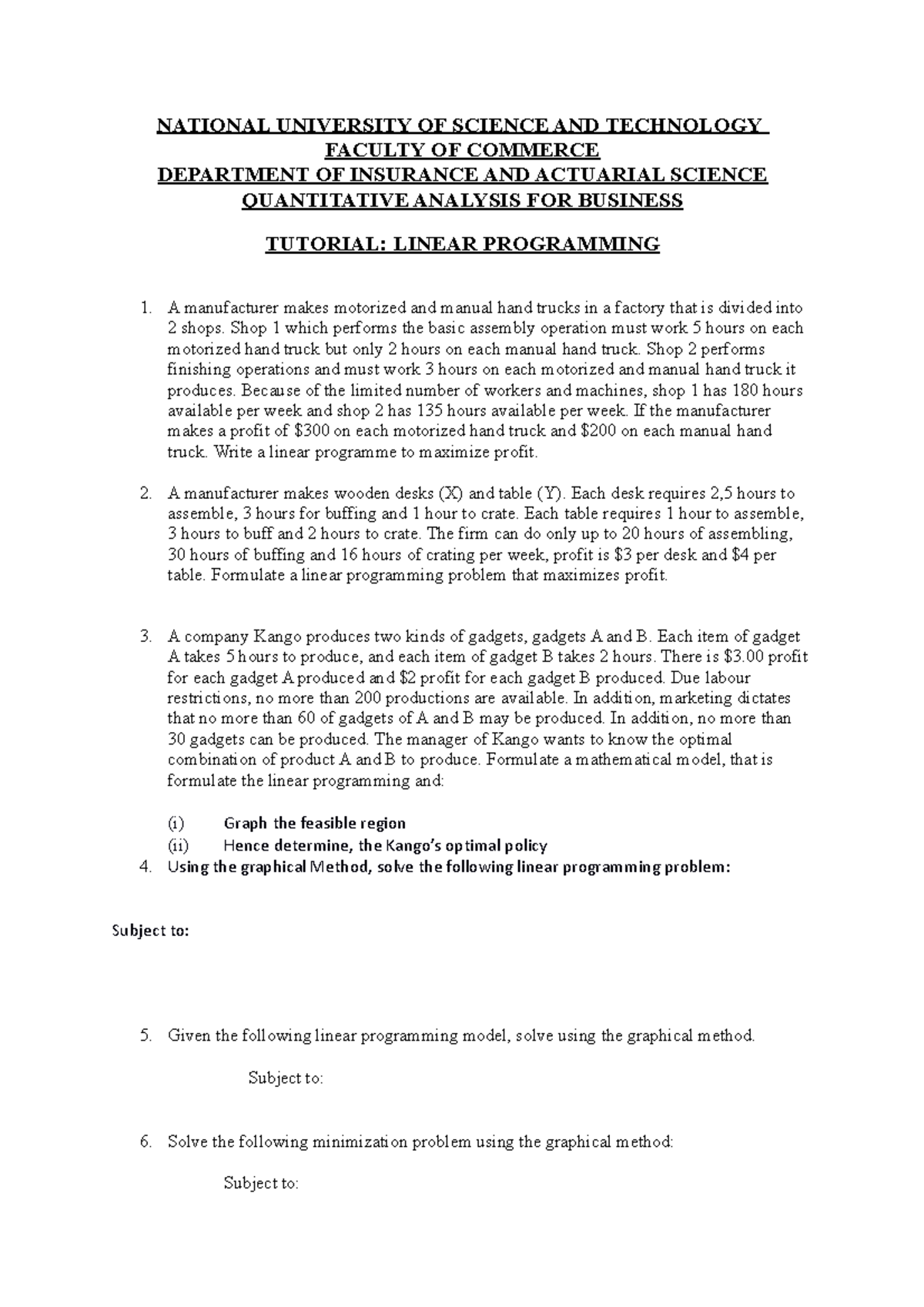 Linear Programming - NATIONAL UNIVERSITY OF SCIENCE AND TECHNOLOGY FACULTY OF COMMERCE ...