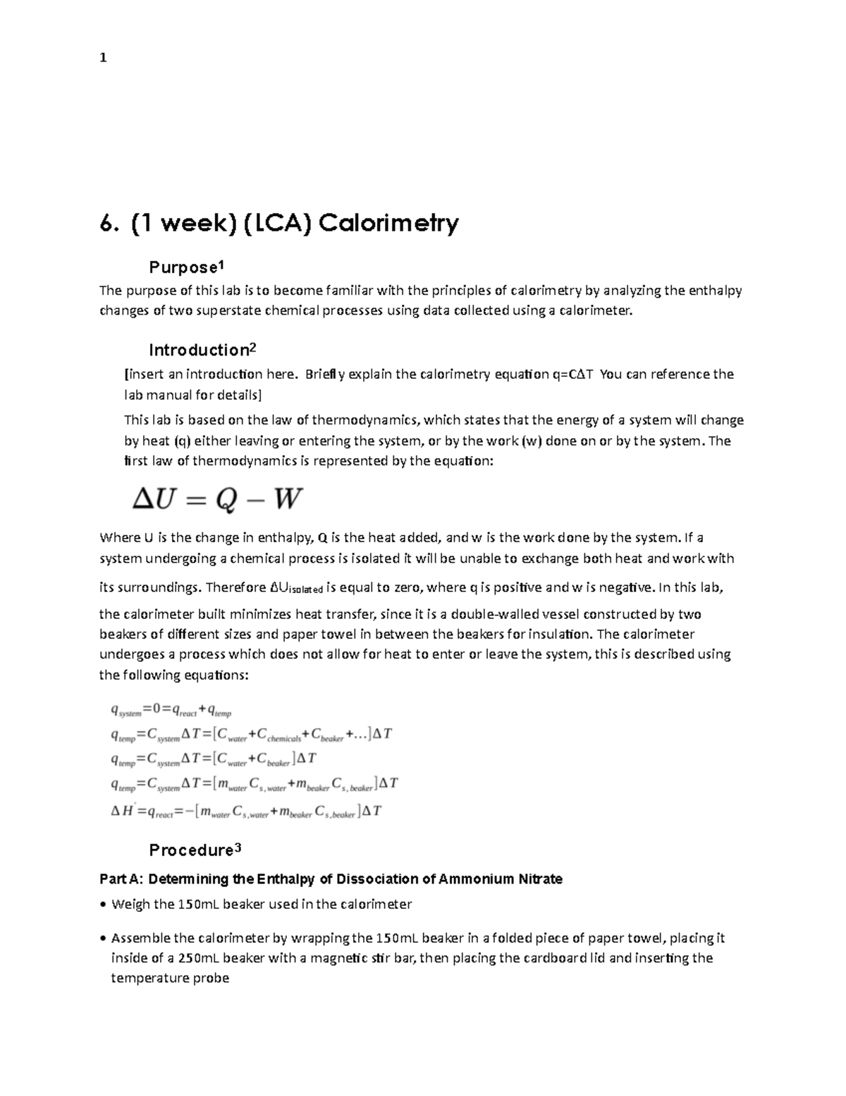 CHEM 112 Calorimetry Lab Report, 2021 - Experiment 9 6. (1 week) (LCA ...