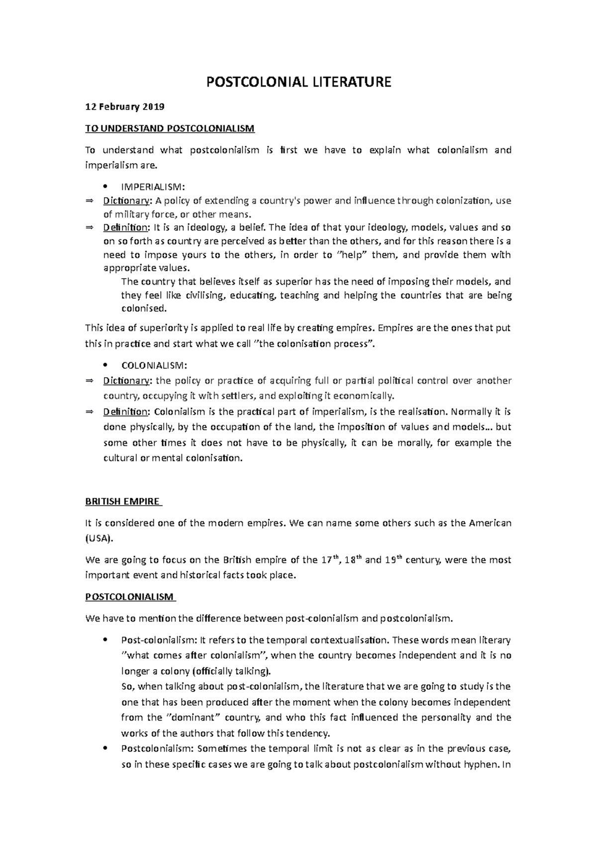 Postcolonial Literature - POSTCOLONIAL LITERATURE 12 February 2019 TO ...