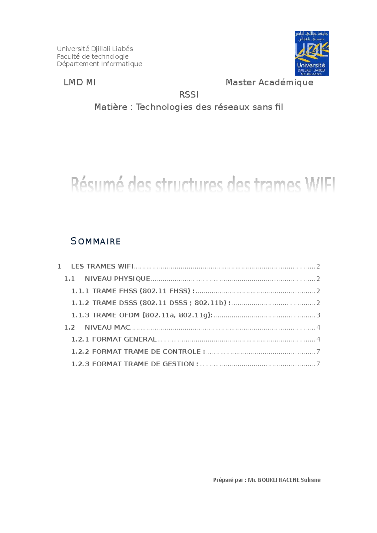 Trame WIFI - How frames work 2 - Université Djillali Liabés Faculté de ...
