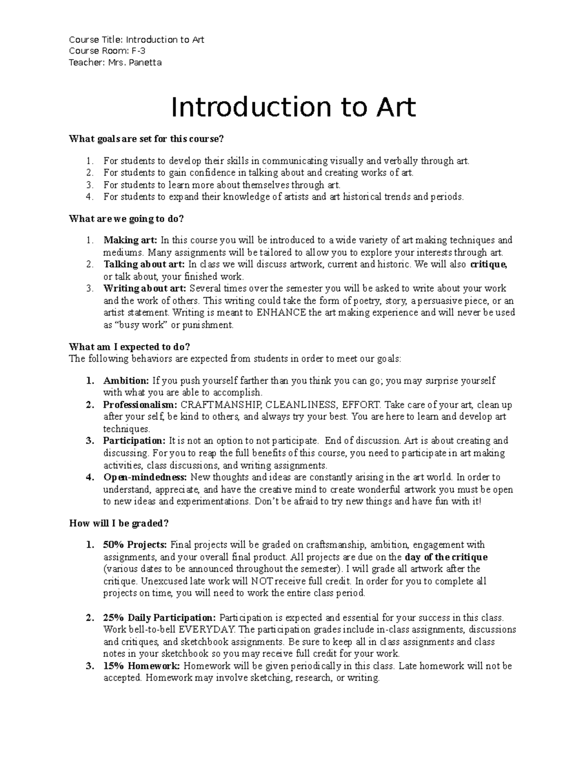 Art Syllabus Template - notes art description, Henri Matisse, lesson ...