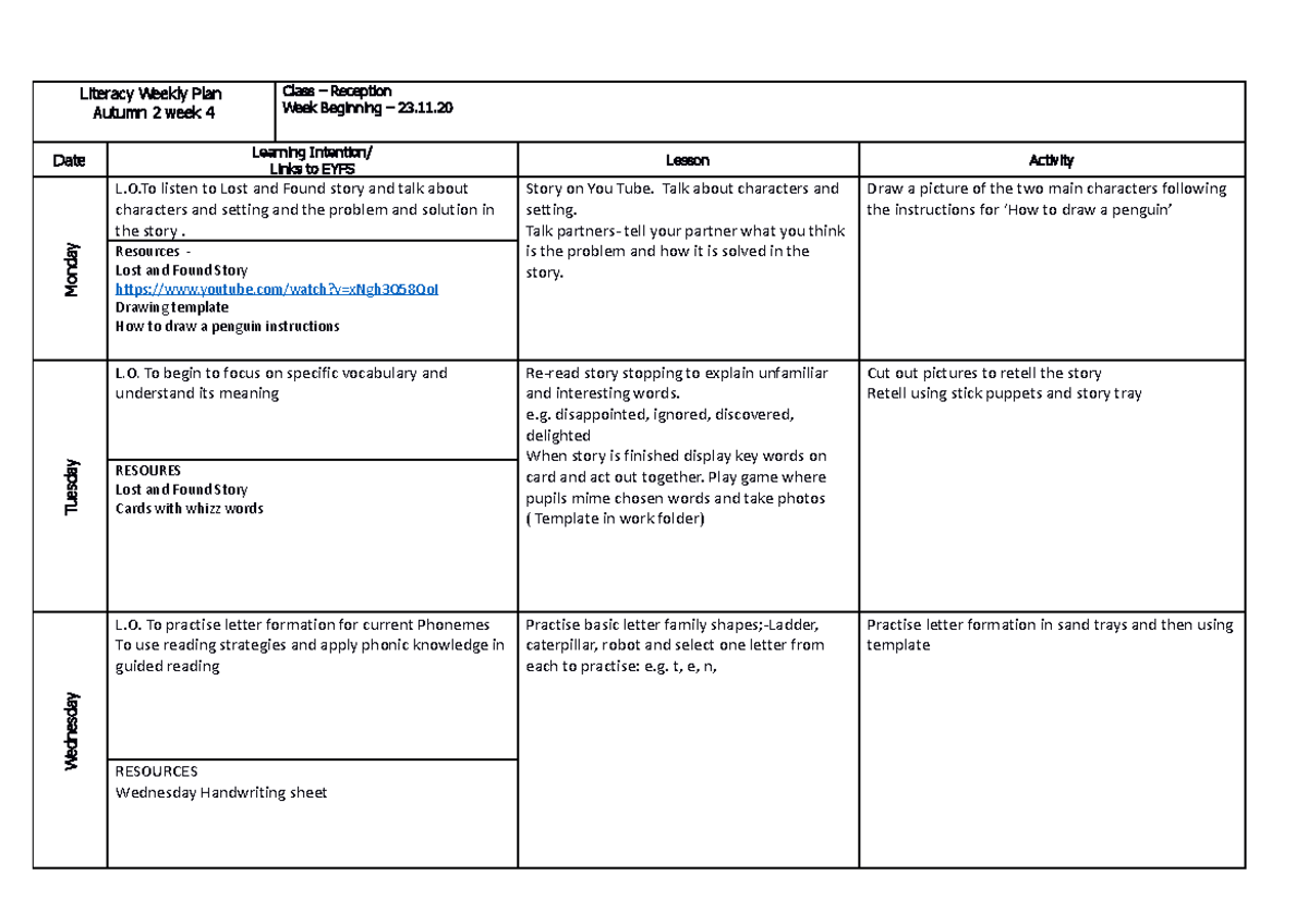 Literacy Plan Autumn 2 week 4 3 - Literacy Weekly Plan Autumn 2 week 4 ...