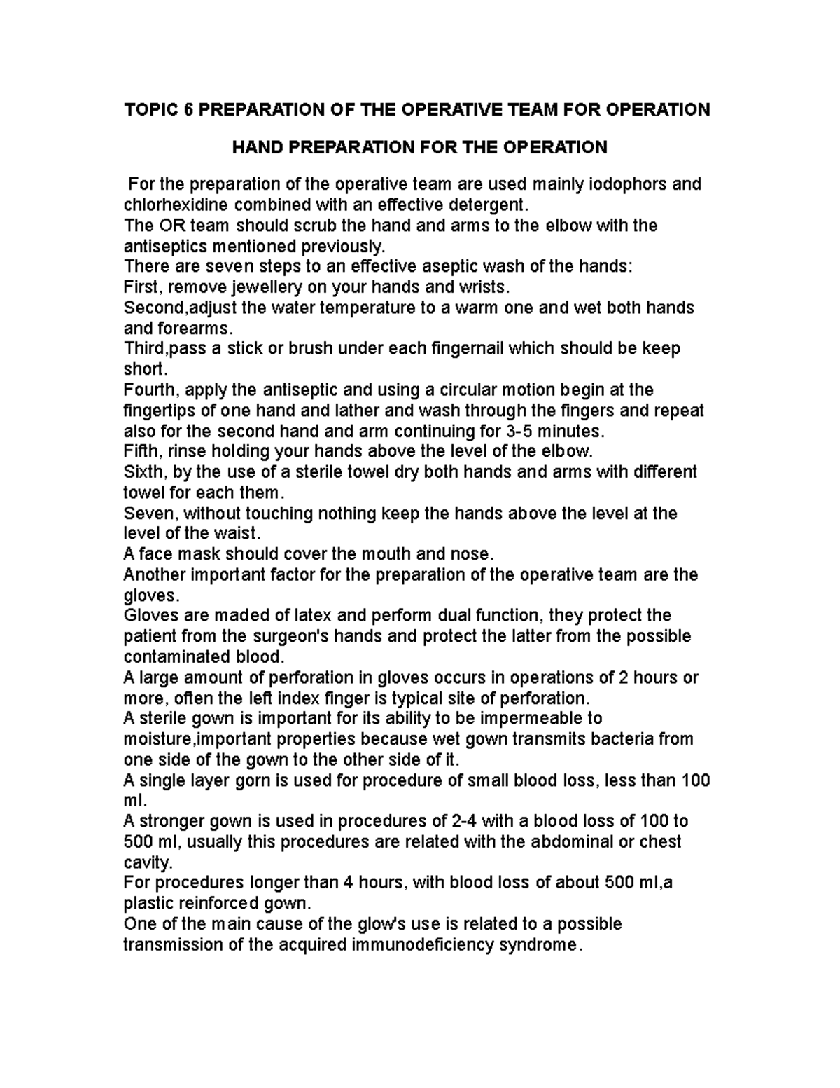 Topic 6 preparation of the operative team - TOPIC 6 PREPARATION OF THE ...